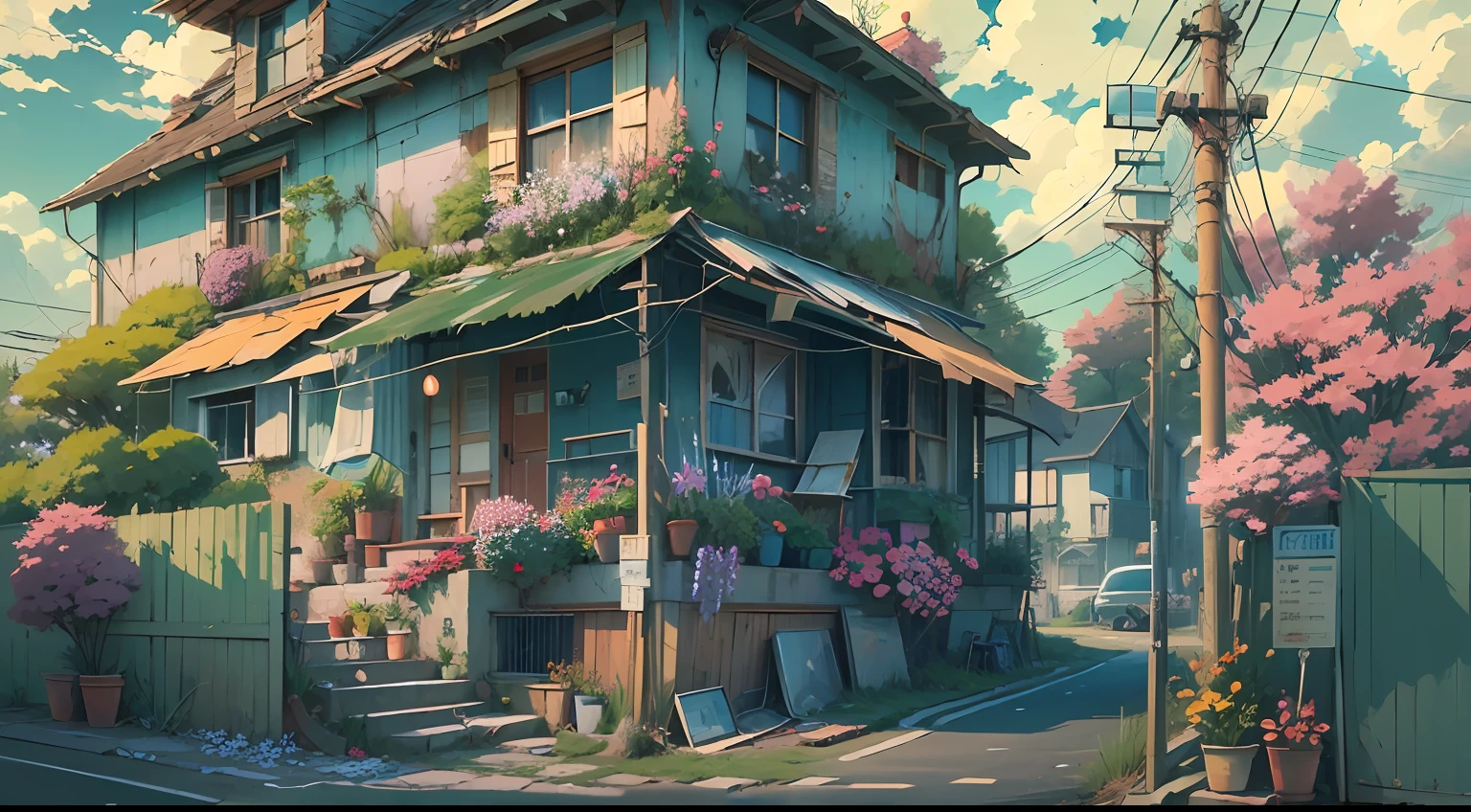 Anime house with a lot of flowers on the roof and a lot of windows ...