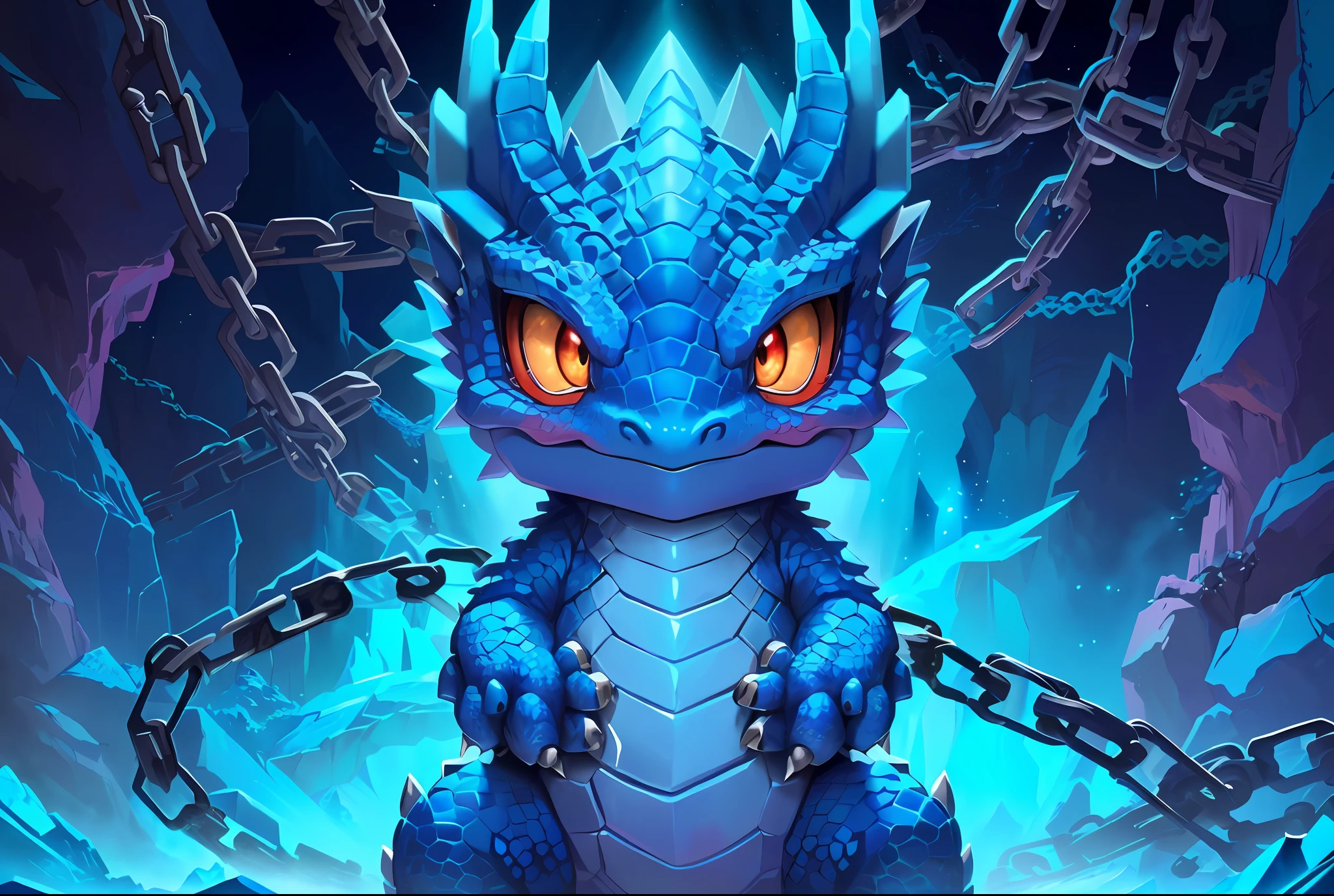 A close up of a blue dragon with chains around it - SeaArt AI
