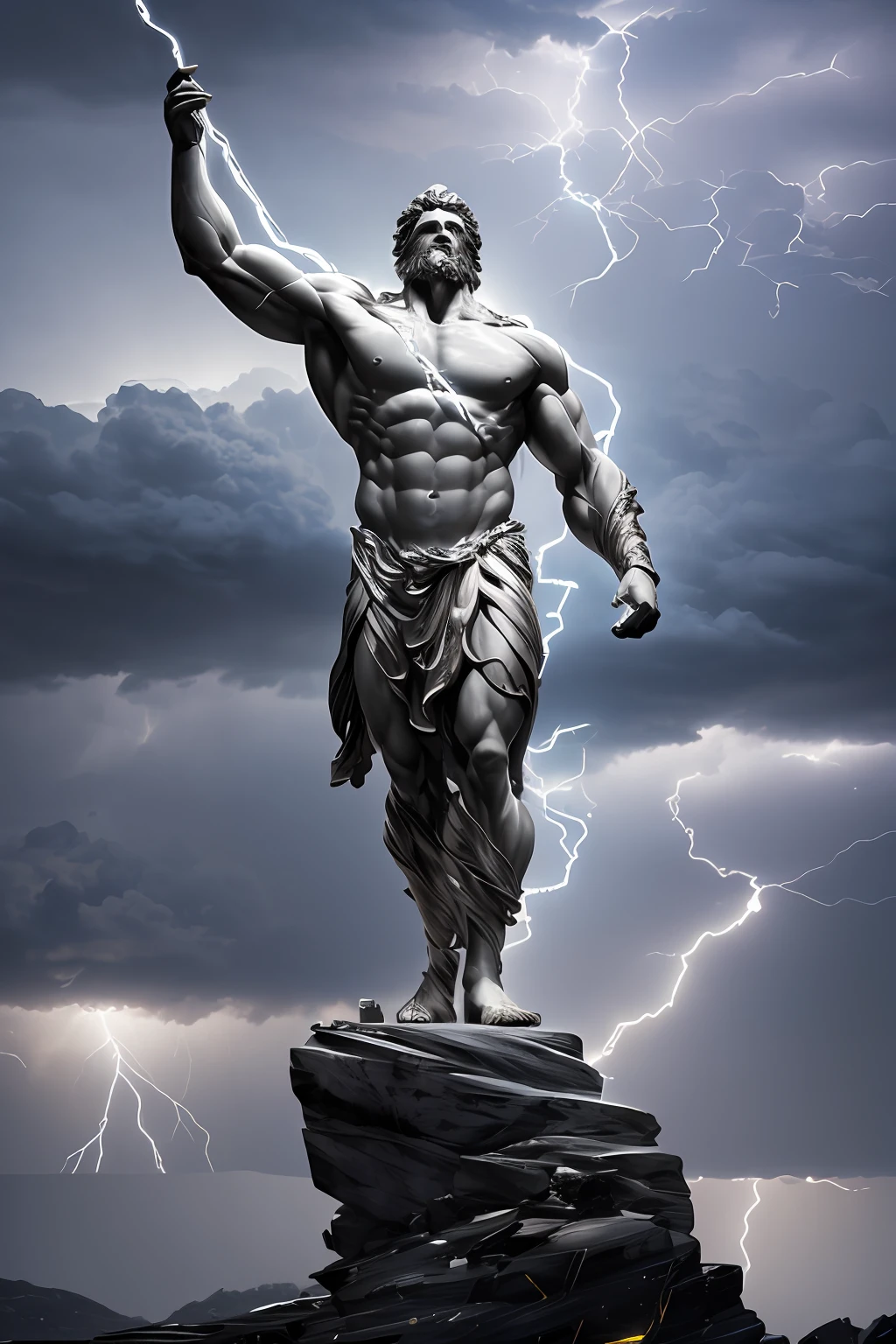 A statue of a man holding a sword in front of a storm - SeaArt AI