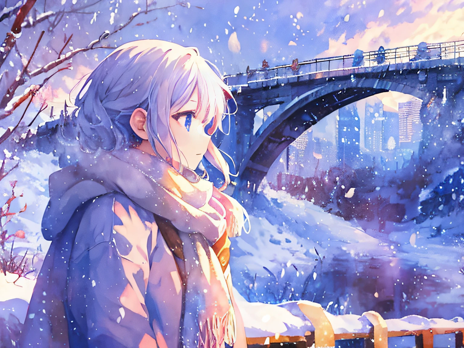 Anime girl in winter clothes standing in front of a bridge - SeaArt AI