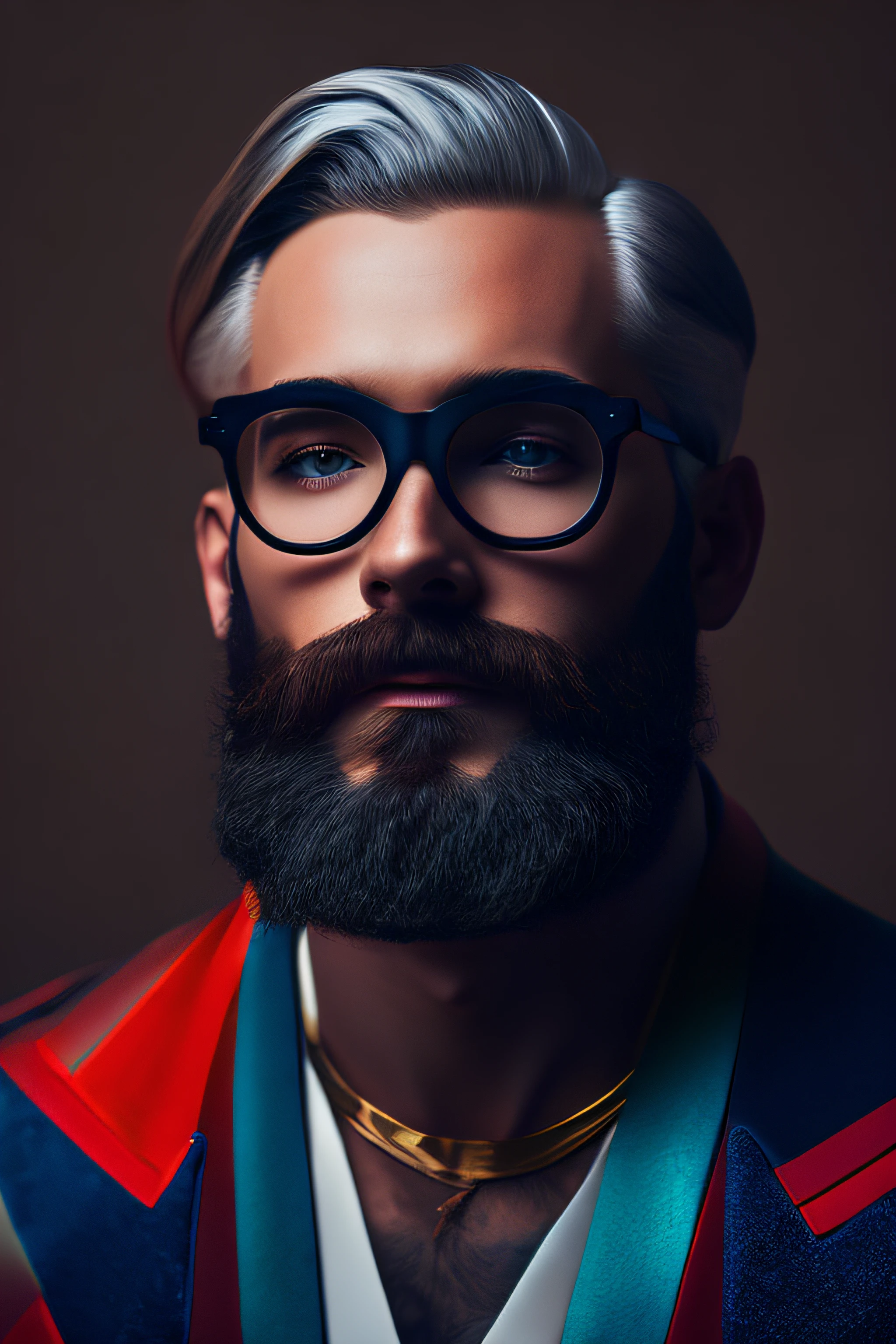 A man with a beard and glasses wearing a colorful suit - SeaArt AI