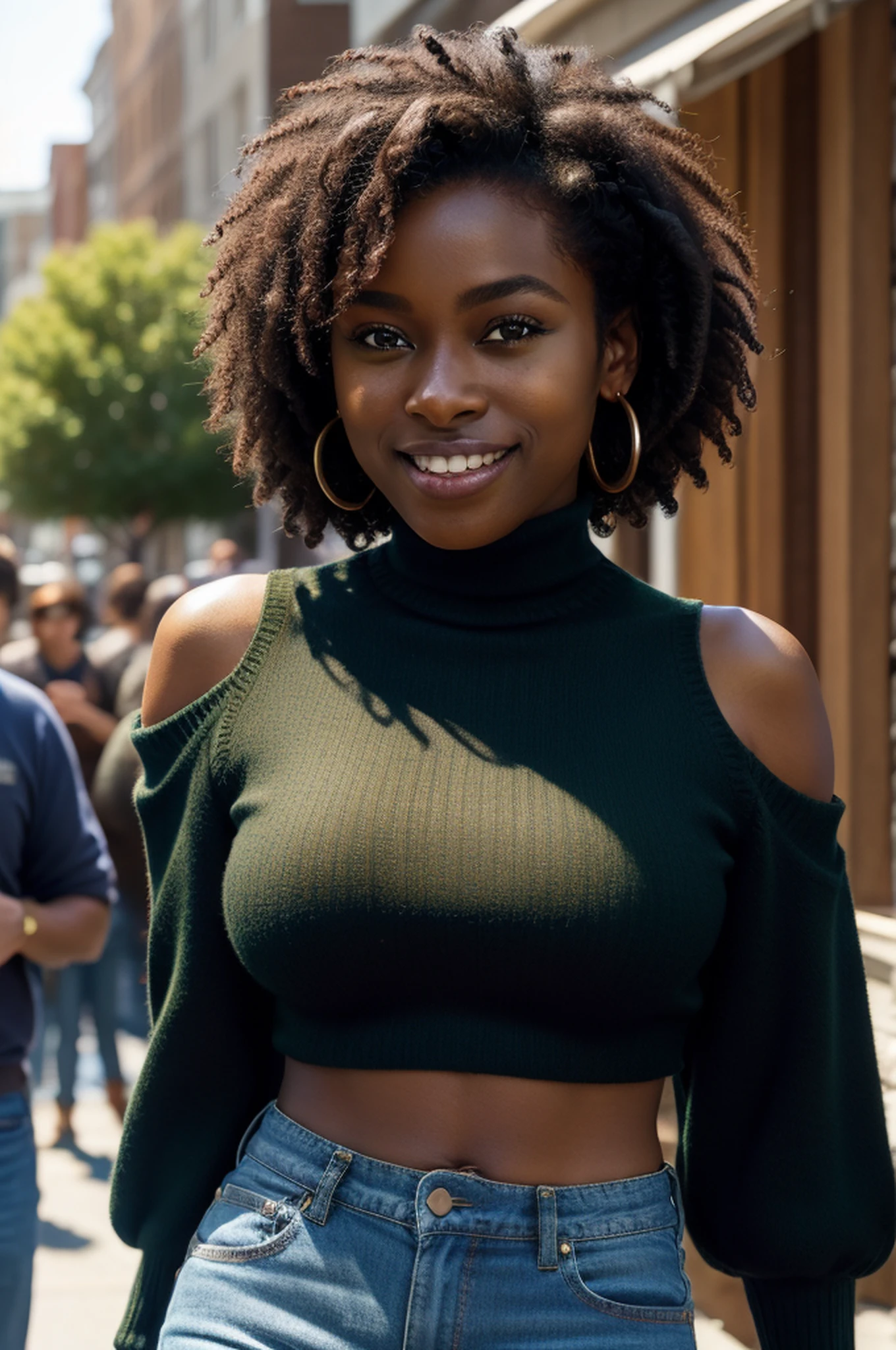 A woman with a green top and jeans on a city street - SeaArt AI