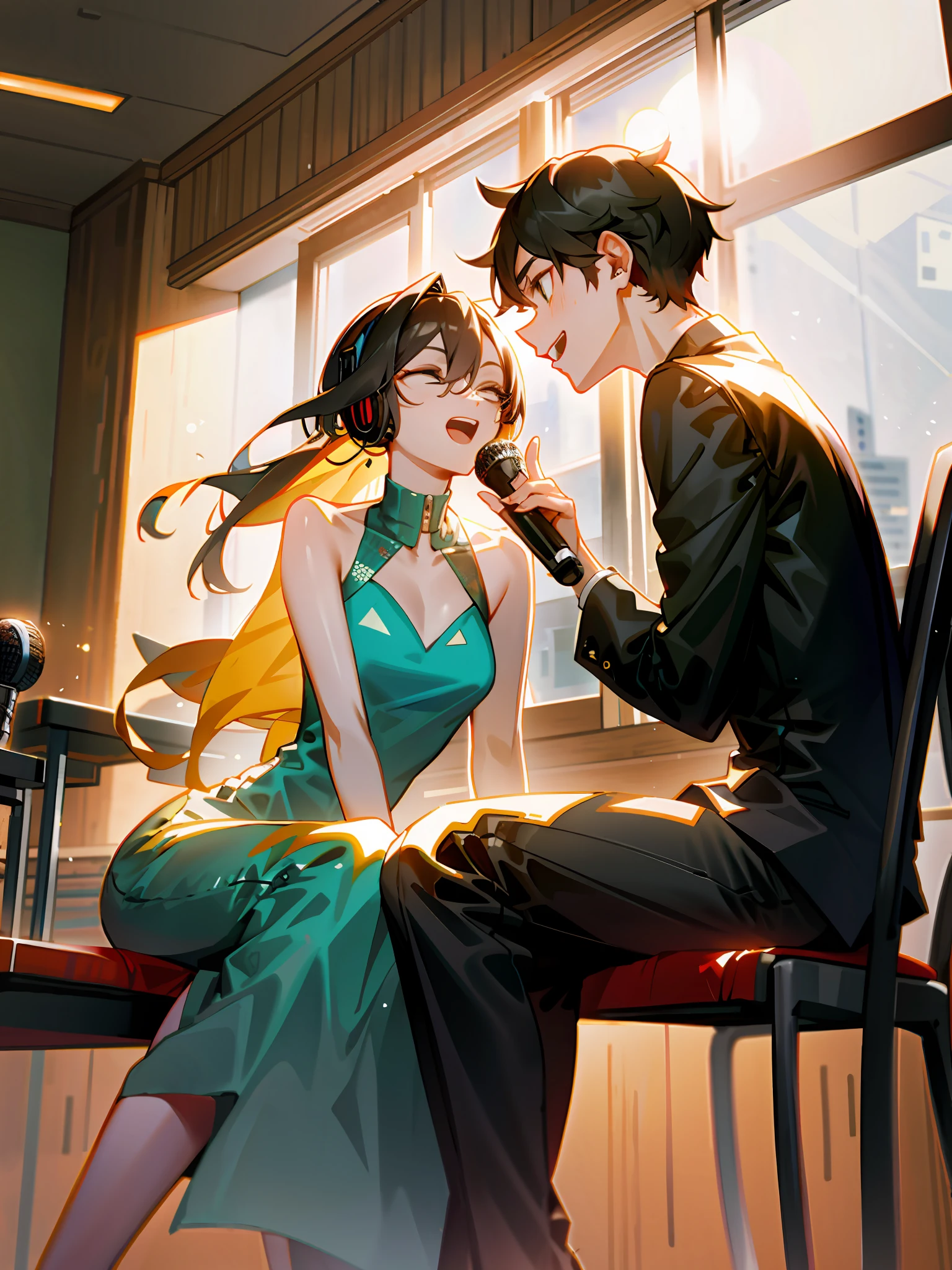 Anime couple sitting on a table in a restaurant with a window - SeaArt AI