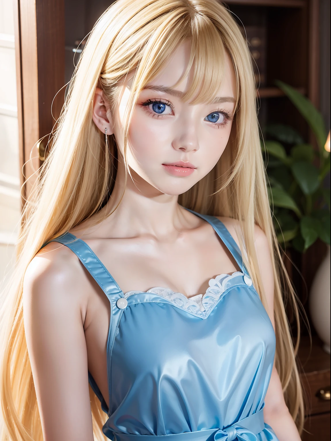 A Close Up Of A Woman With Long Blonde Hair Wearing A Blue Dress