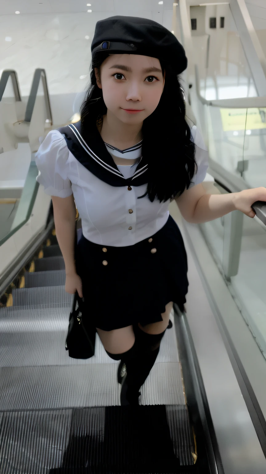 There is a woman in a sailor outfit on an escalator - SeaArt AI