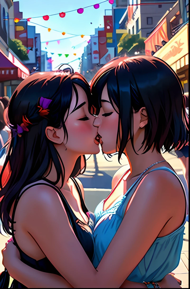 Two women kissing each other in a city street - SeaArt AI