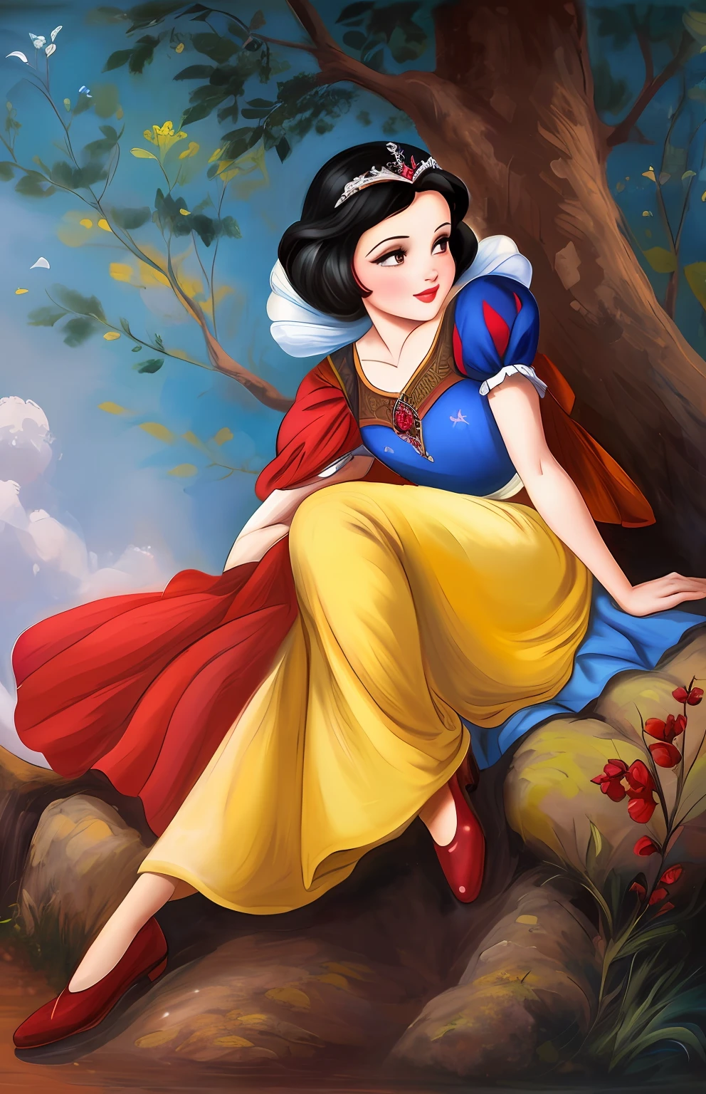 Snow white sitting on a rock in a forest with a tree - SeaArt AI