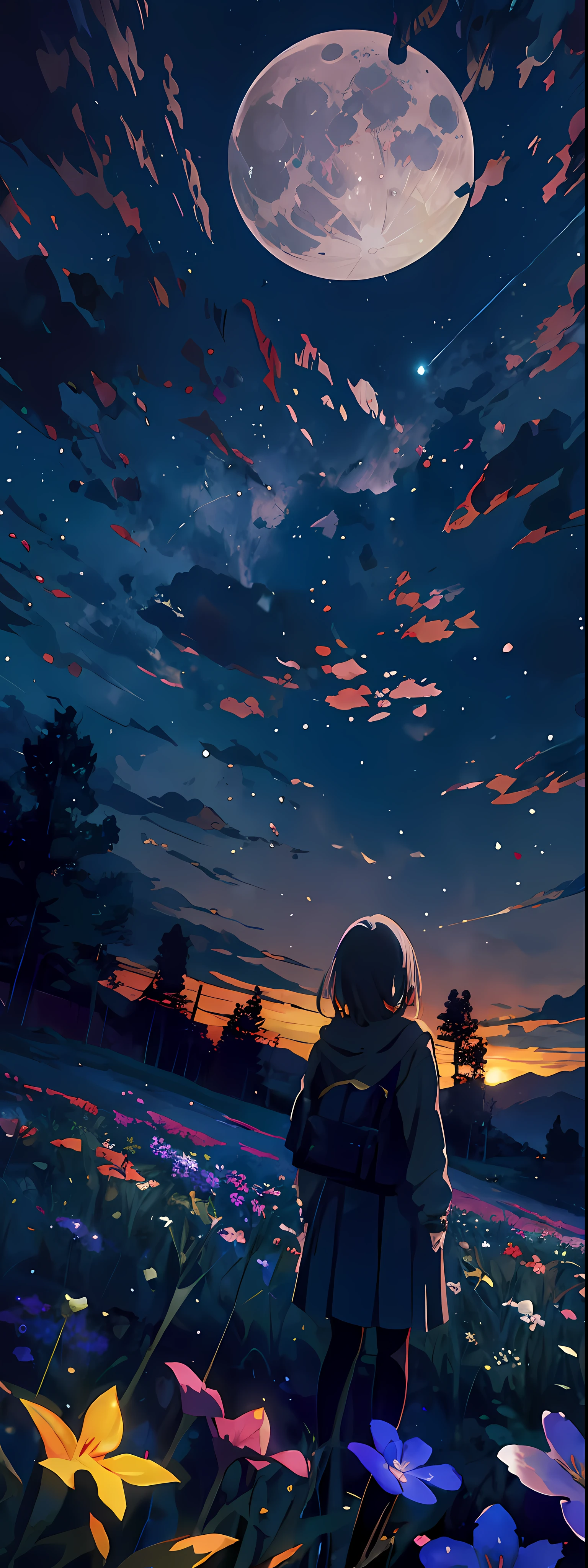 Anime girl standing in a field of flowers looking at the moon - SeaArt AI