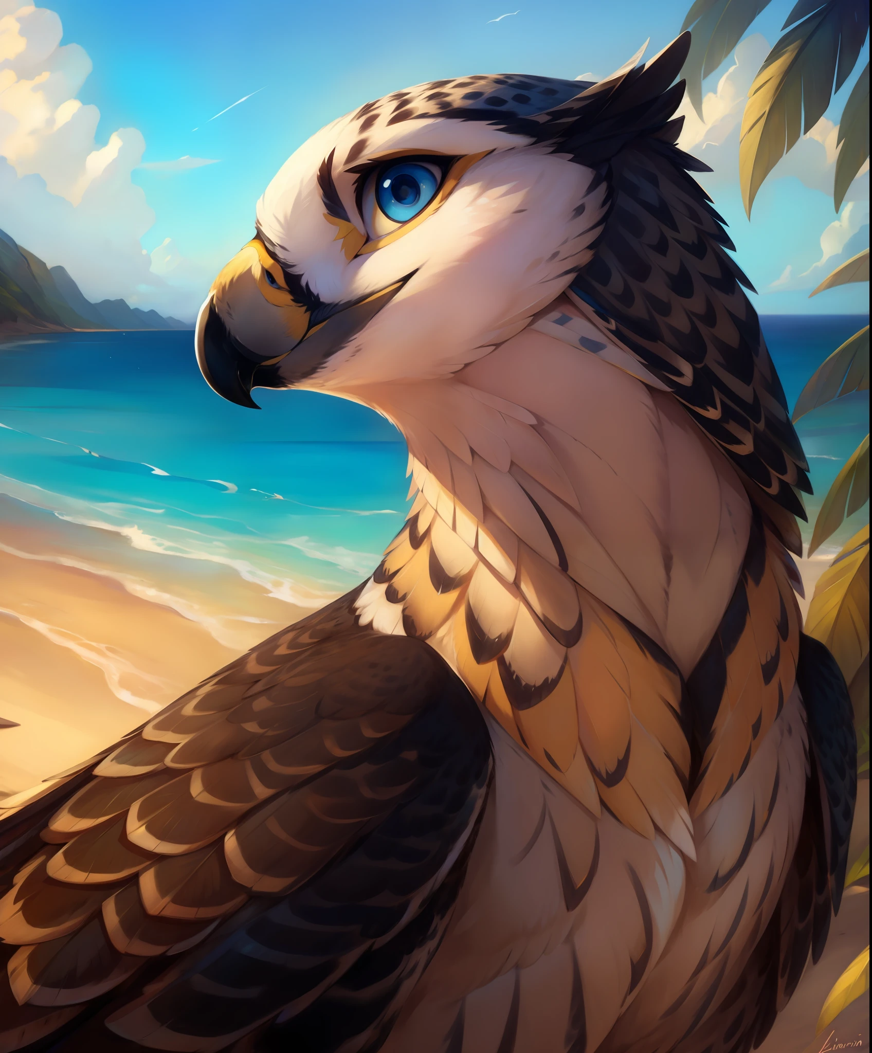 Painting of a bird with blue eyes standing on a beach - SeaArt AI