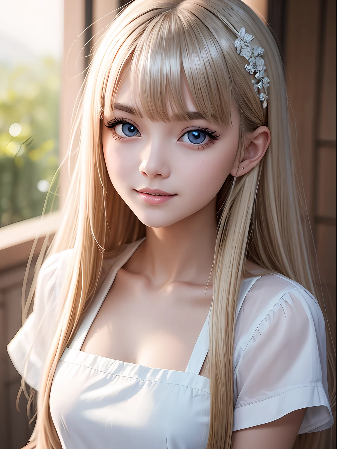 A close up of a woman with long blonde hair and blue eyes - SeaArt AI