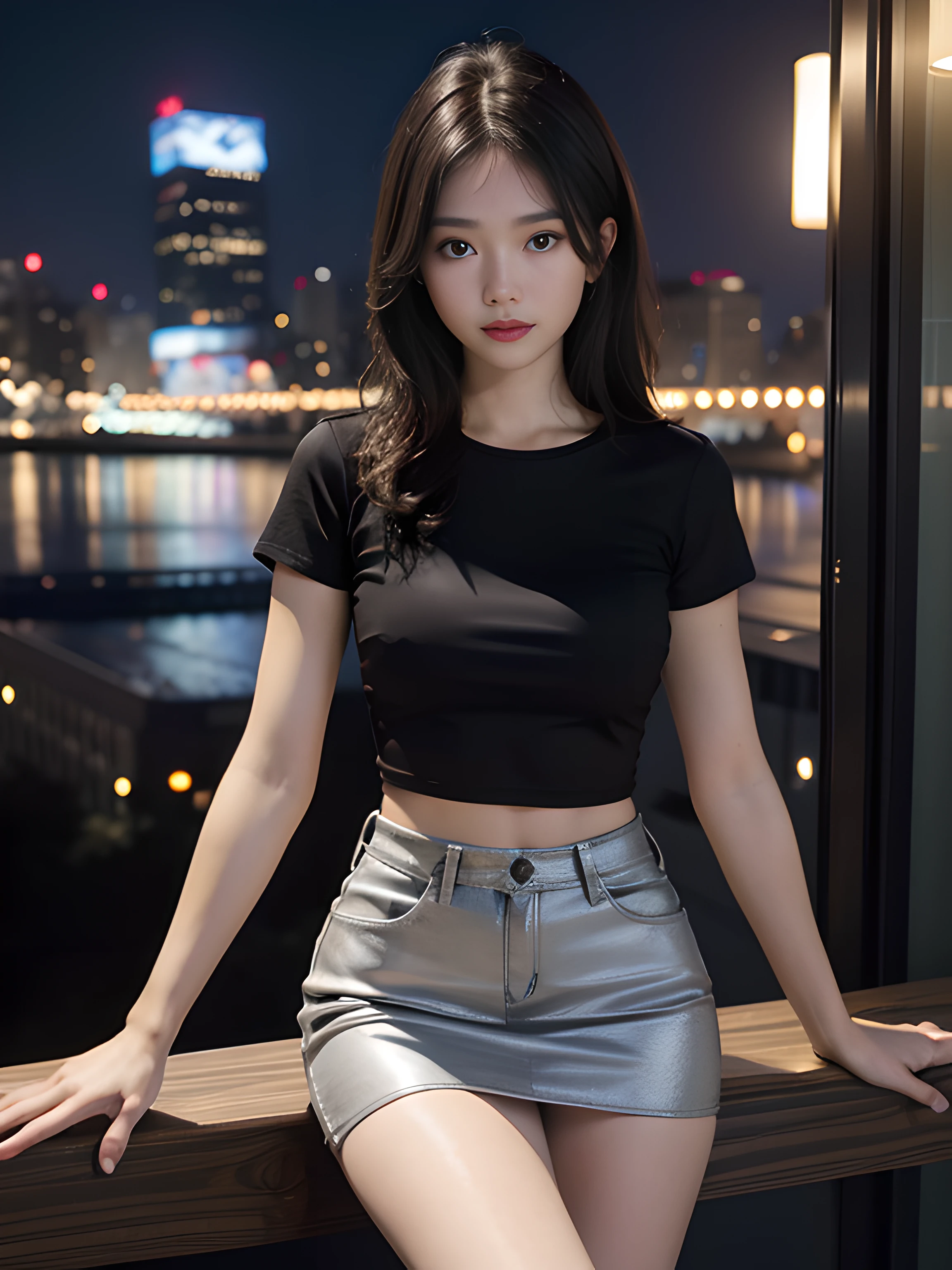 Arafed asian woman in a black top and silver skirt posing for a picture ...