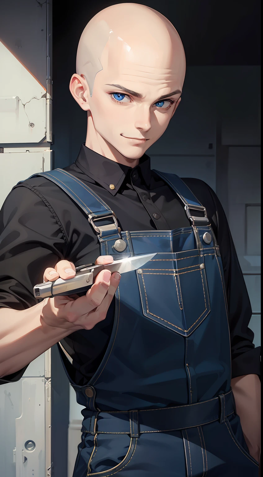 There is a man in overalls holding a cell phone - SeaArt AI