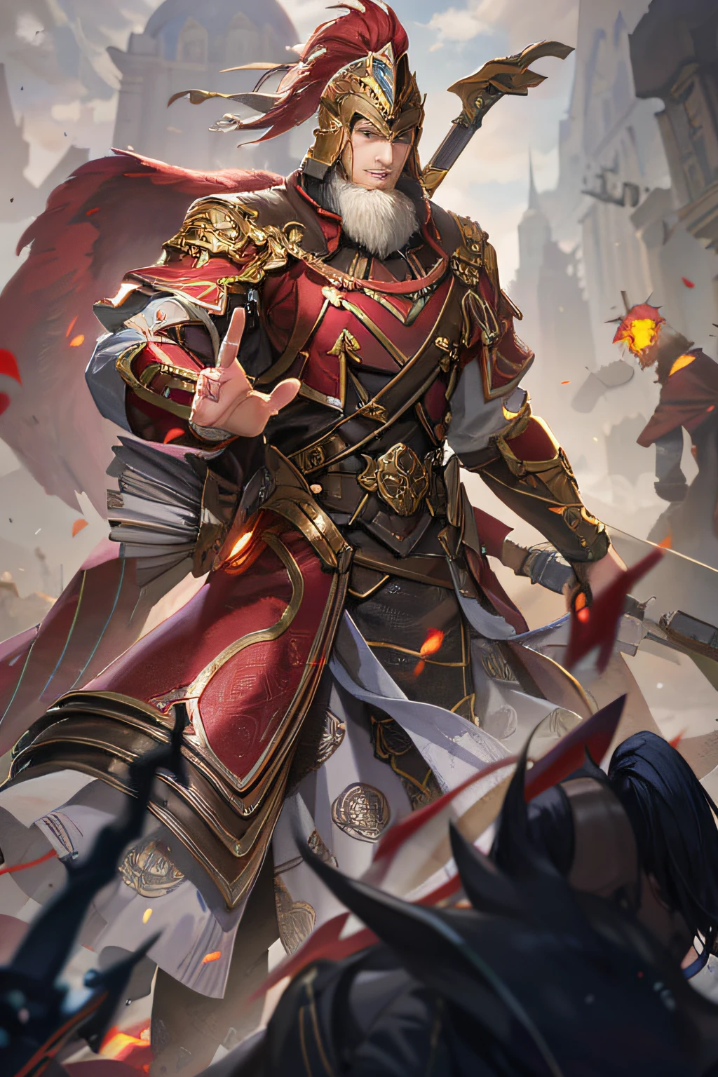 A painting of a man in a red and gold outfit holding a sword - SeaArt AI
