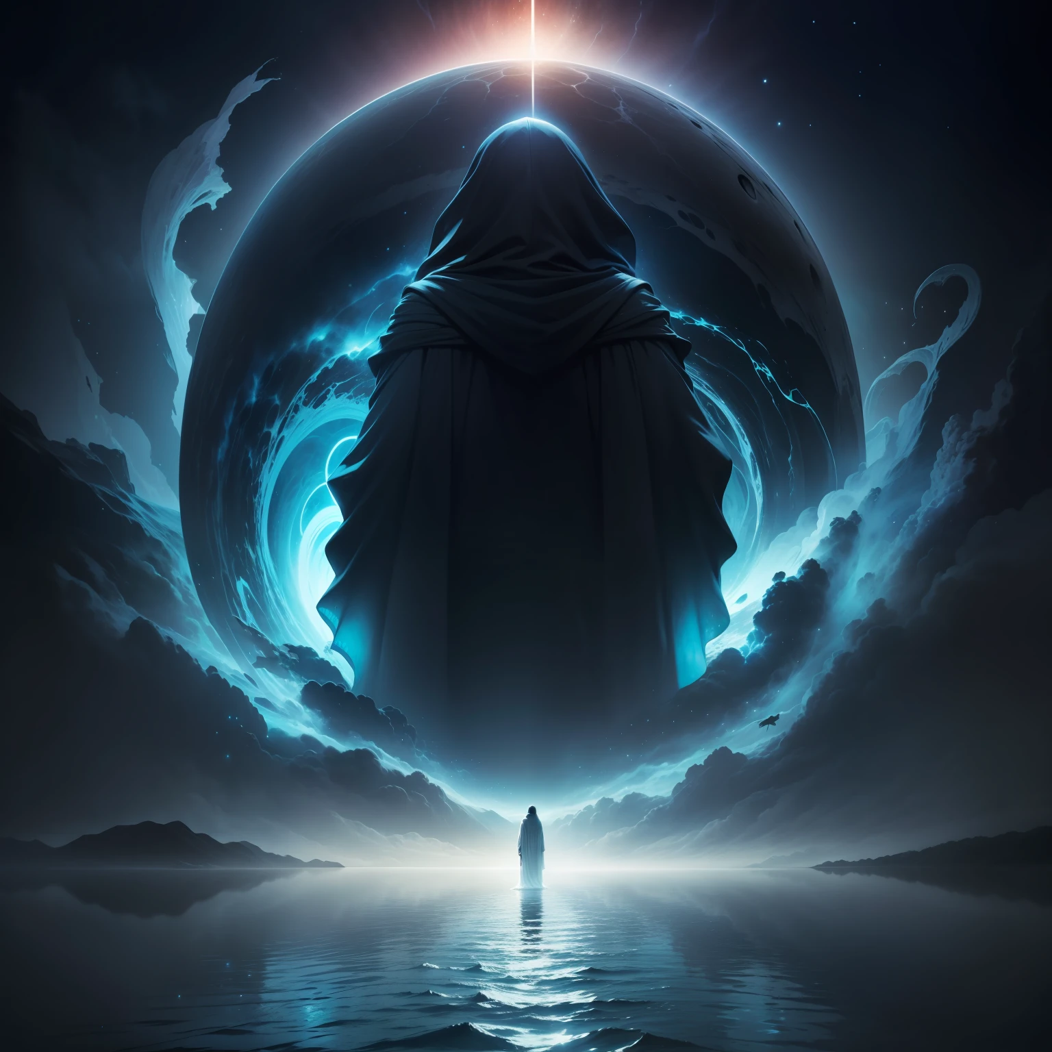 A man standing in the middle of a body of water with a cross on top ...