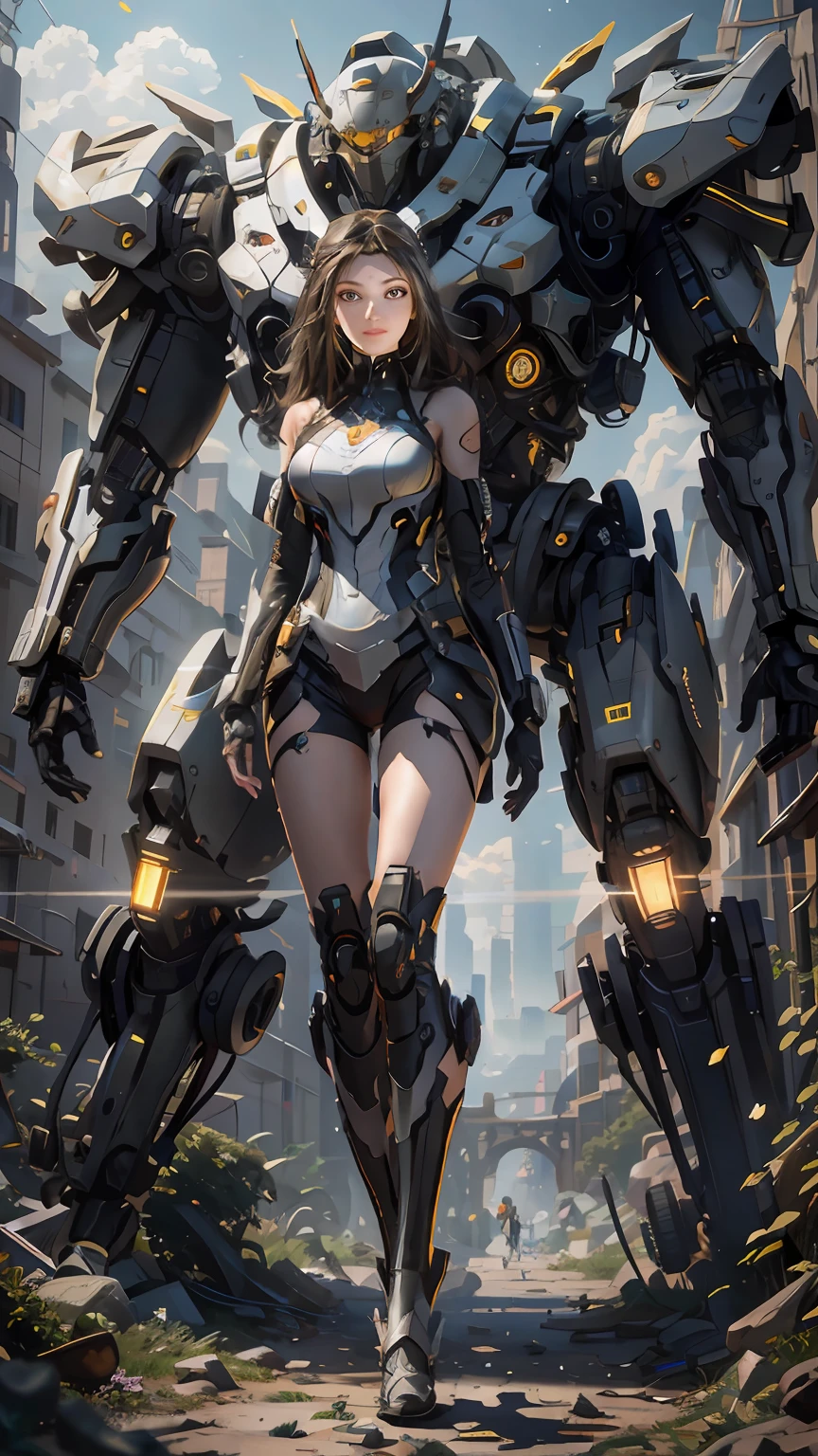 A woman in a white top and black and yellow armor standing next to a ...