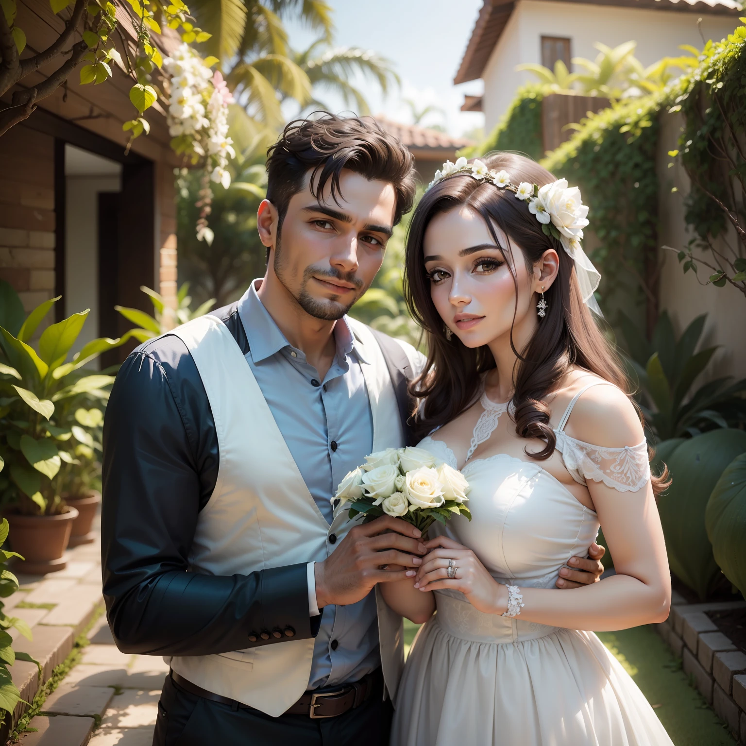 Bride and groom posing for a photo in a garden - SeaArt AI