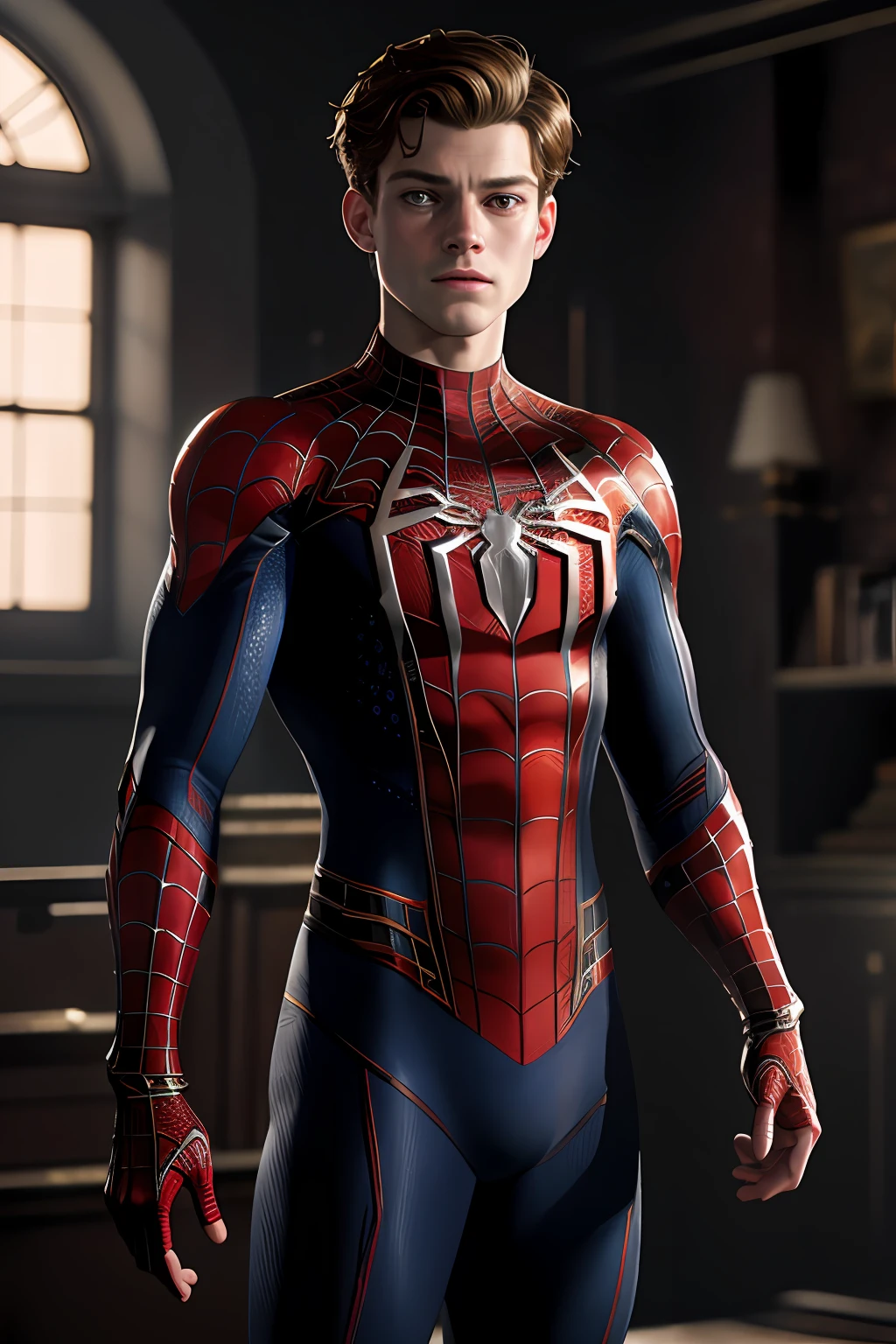 A close up of a person in a spider - man suit standing in a room ...