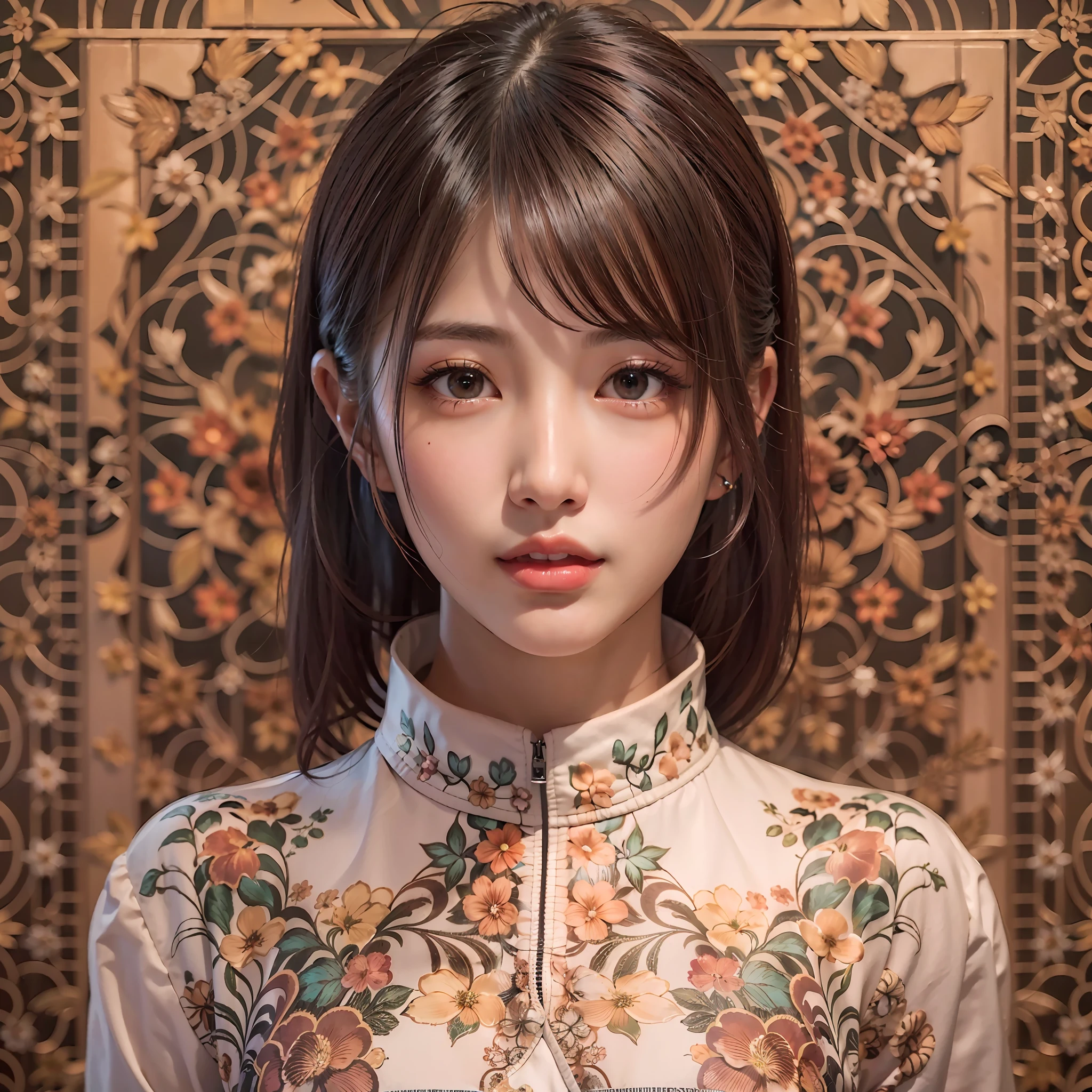 A close up of a woman with a floral shirt on - SeaArt AI