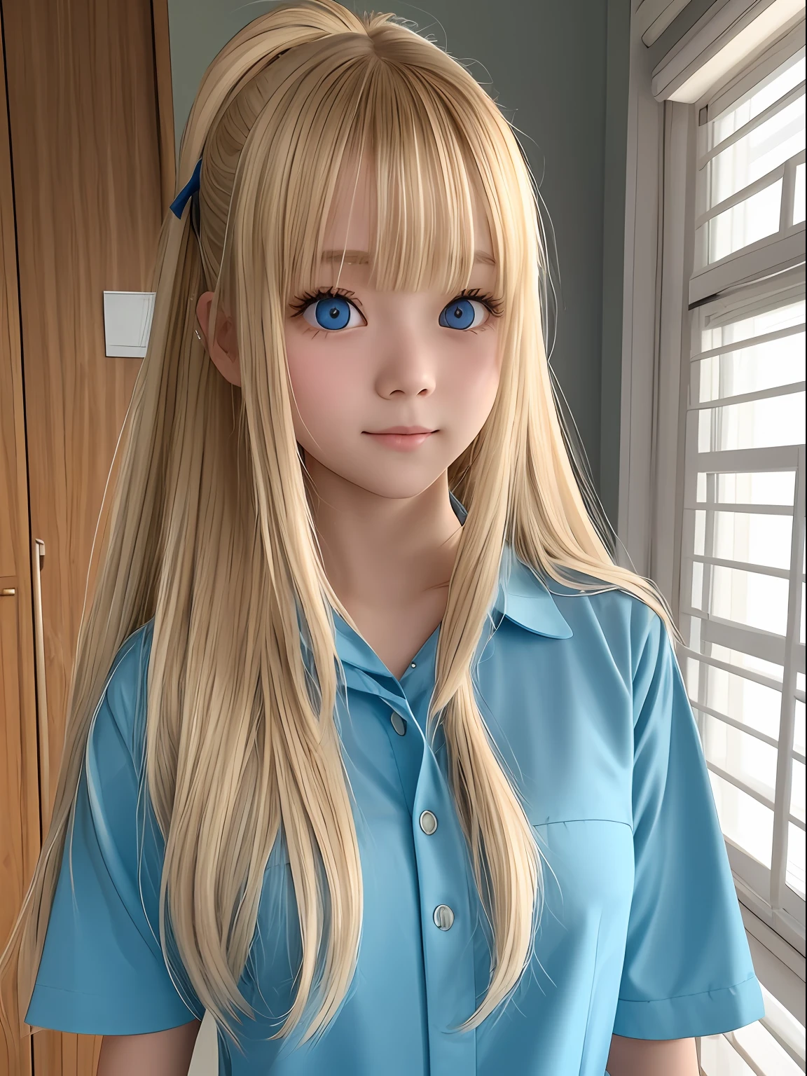 A close up of a person with long blonde hair and blue eyes - SeaArt AI