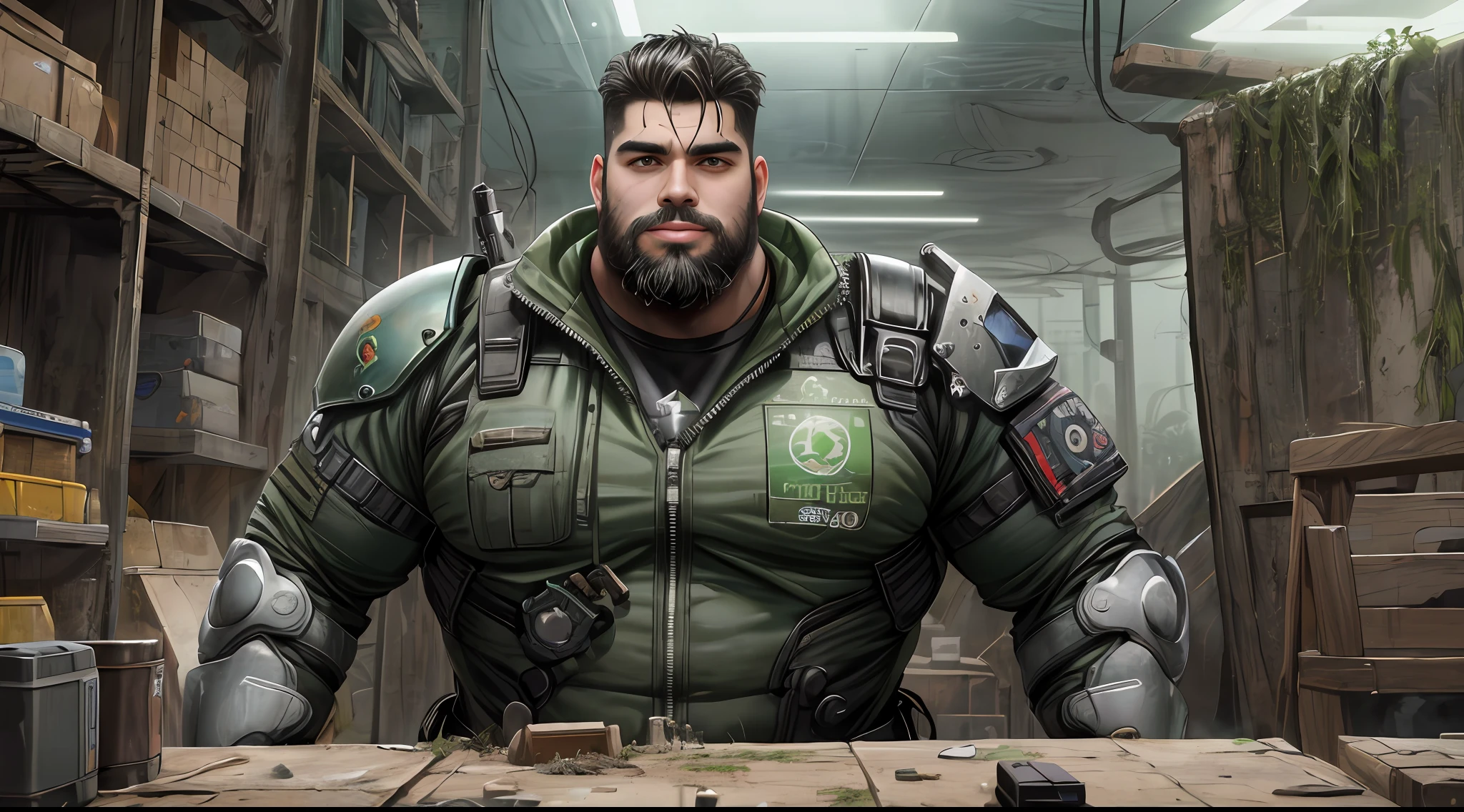 A close up of a man in a green jacket standing in a warehouse - SeaArt AI