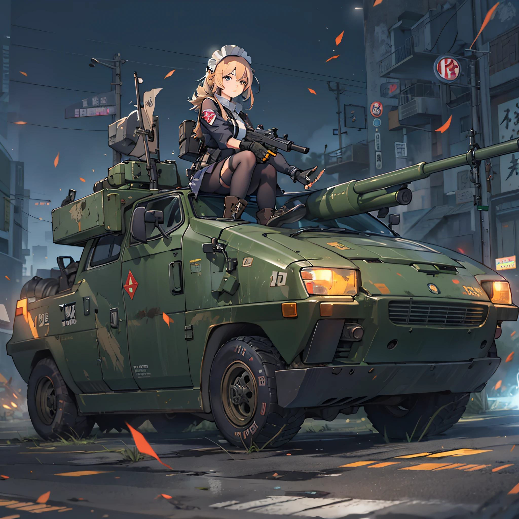 Anime girl sitting on top of a military vehicle in a city - SeaArt AI