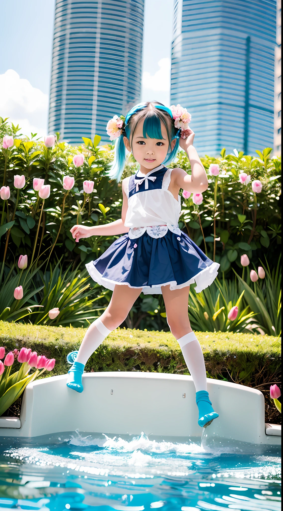 Arafed photo of a little girl in a dress and blue boots jumping into a ...