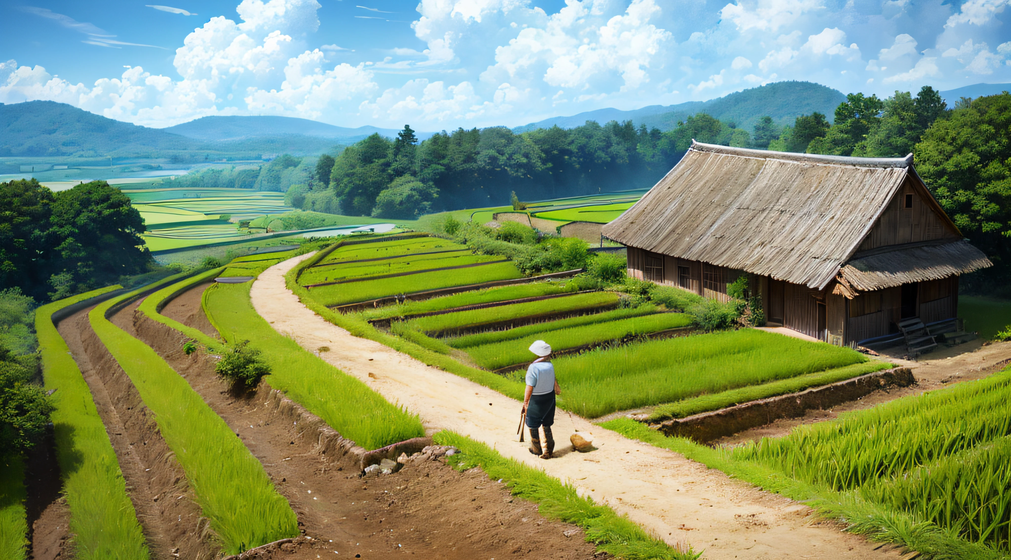 Arafed man walking down a path in a rice field - SeaArt AI