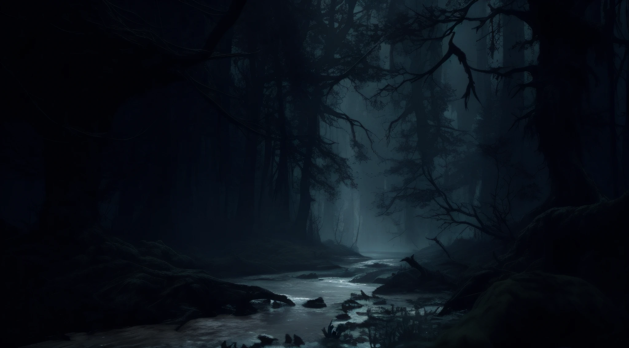 A dark forest with a stream running through it - SeaArt AI