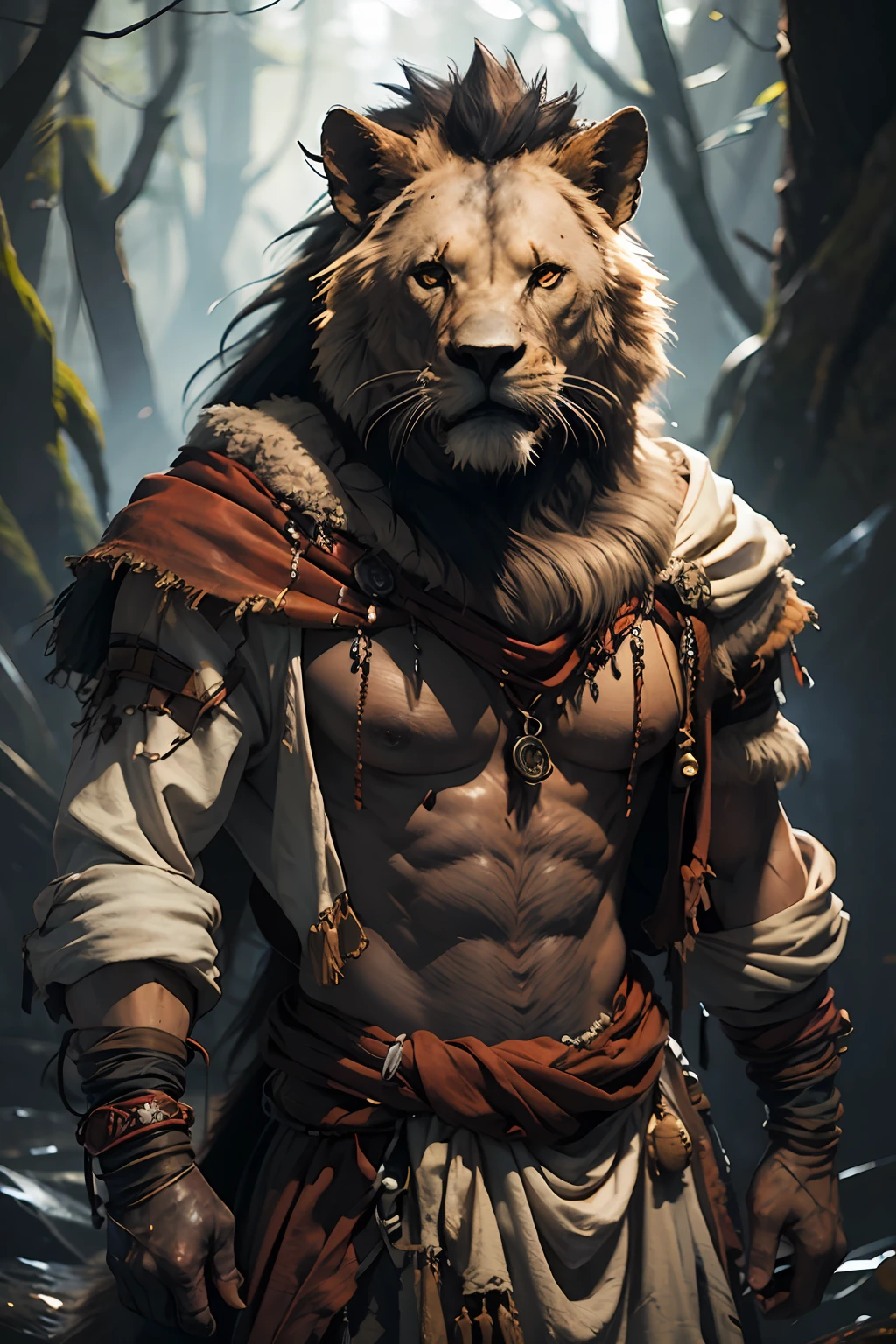 Un primer plano de un hombre con un león en el pecho - SeaArt AI