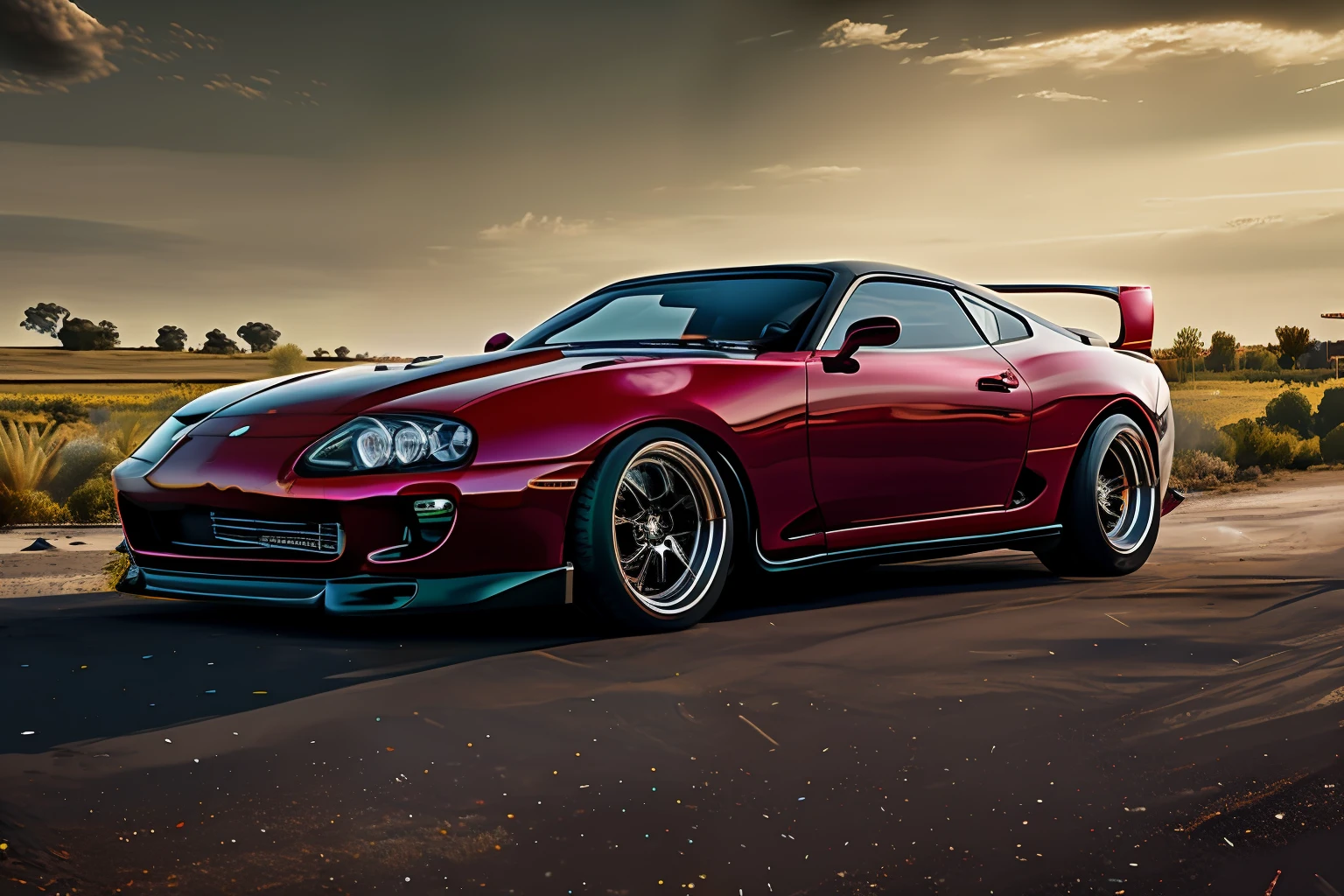 Arafed red sports car parked on a road in a rural area - SeaArt AI