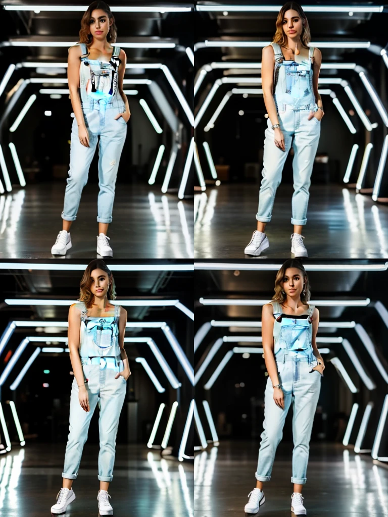 A beautiful sexy, hot, boobs, woman in overalls standing in a room with ...