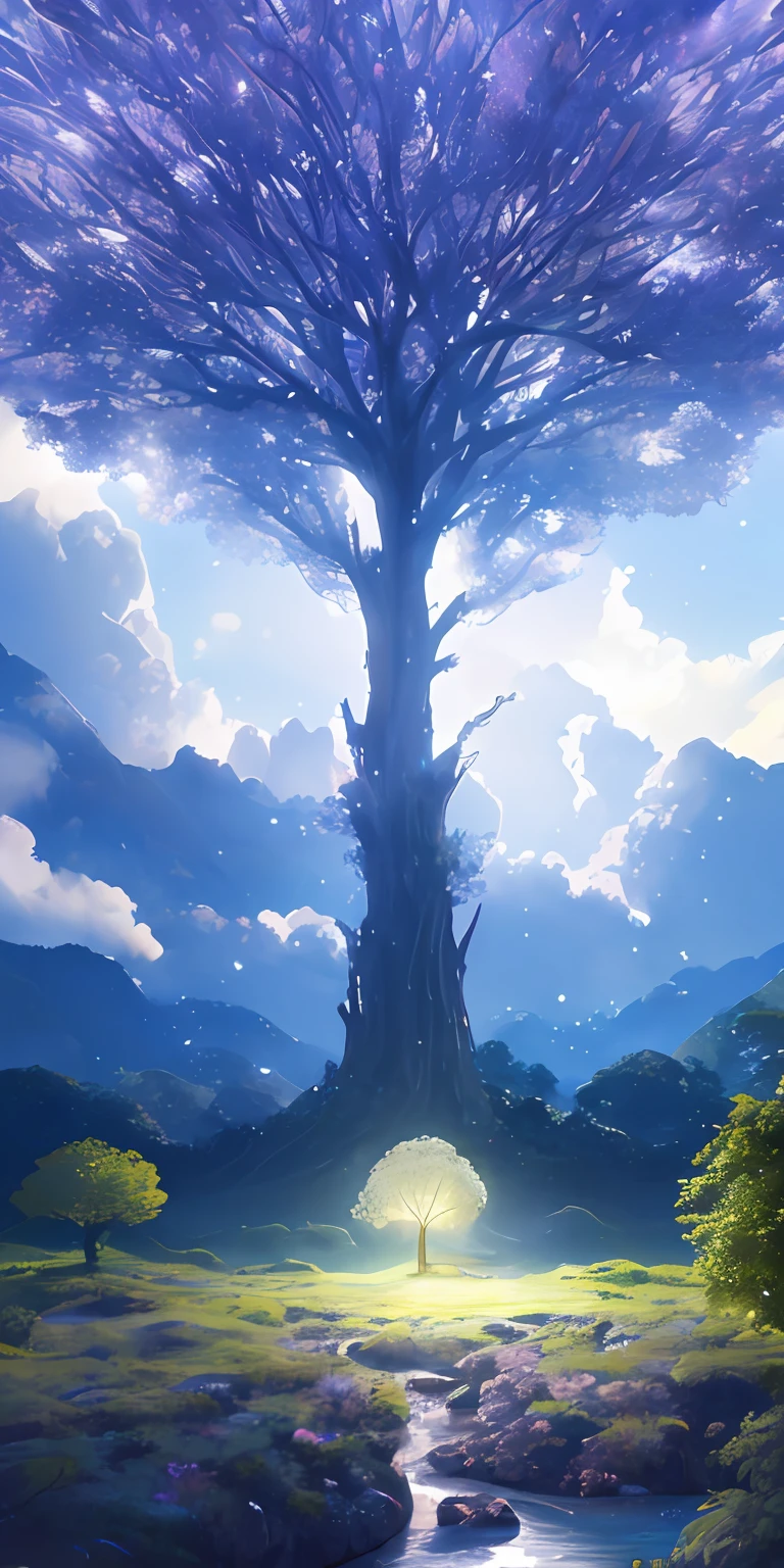 Anime scenery of a tree with a stream running through it - SeaArt AI