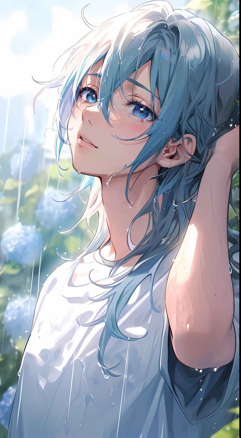 Anime girl with blue hair and blue eyes in the rain - SeaArt AI