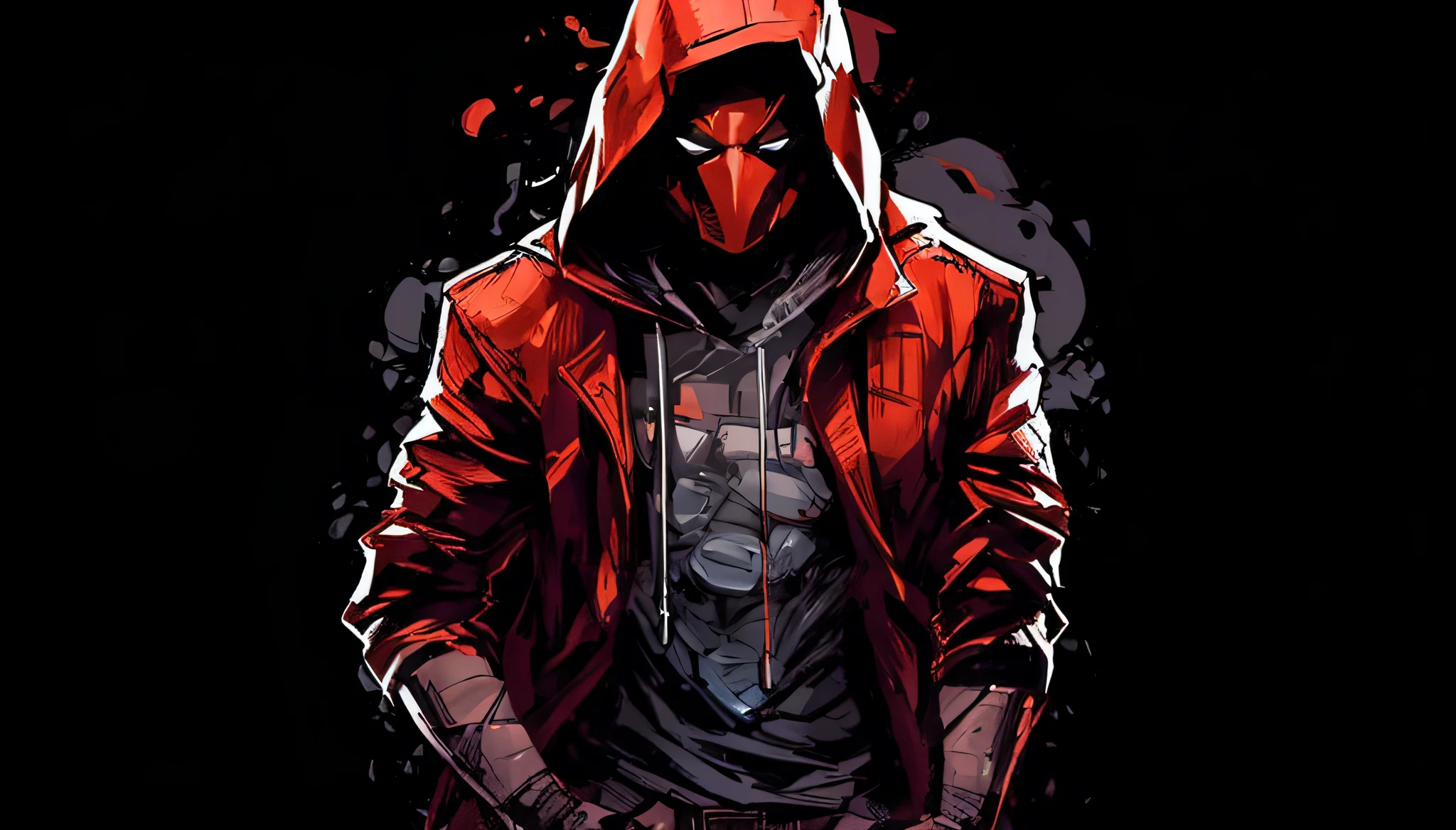 A man in a red hoodie standing in front of a black background - SeaArt AI