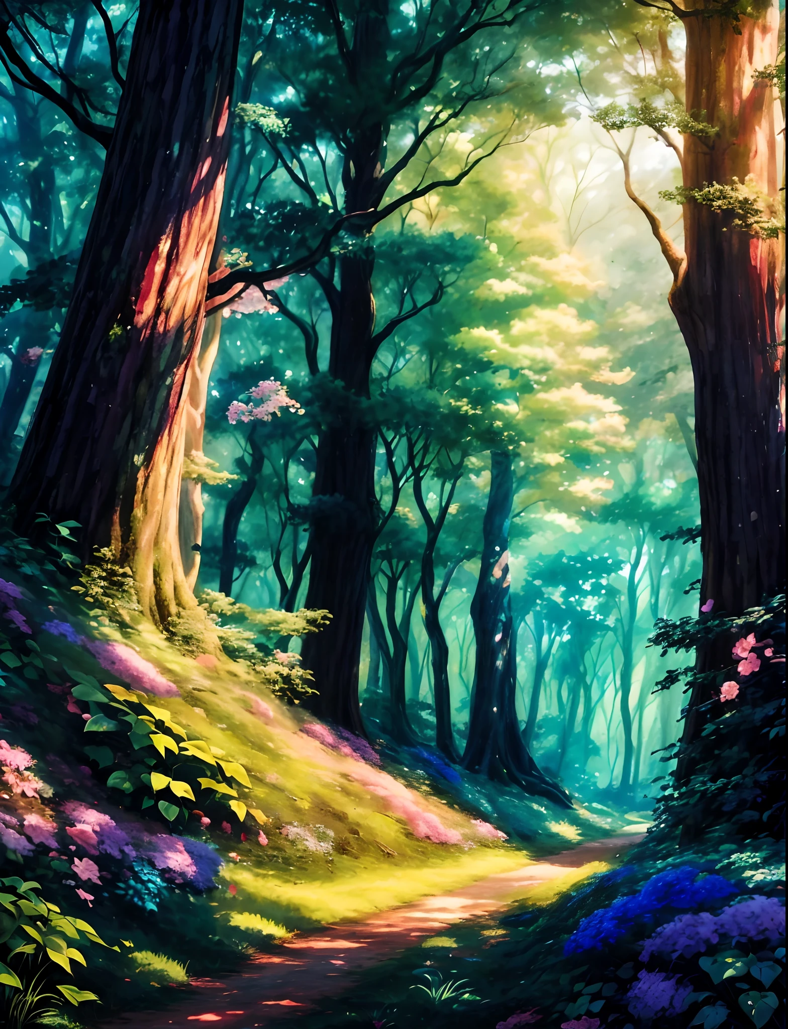 A painting of a path through a forest with trees and flowers - SeaArt AI