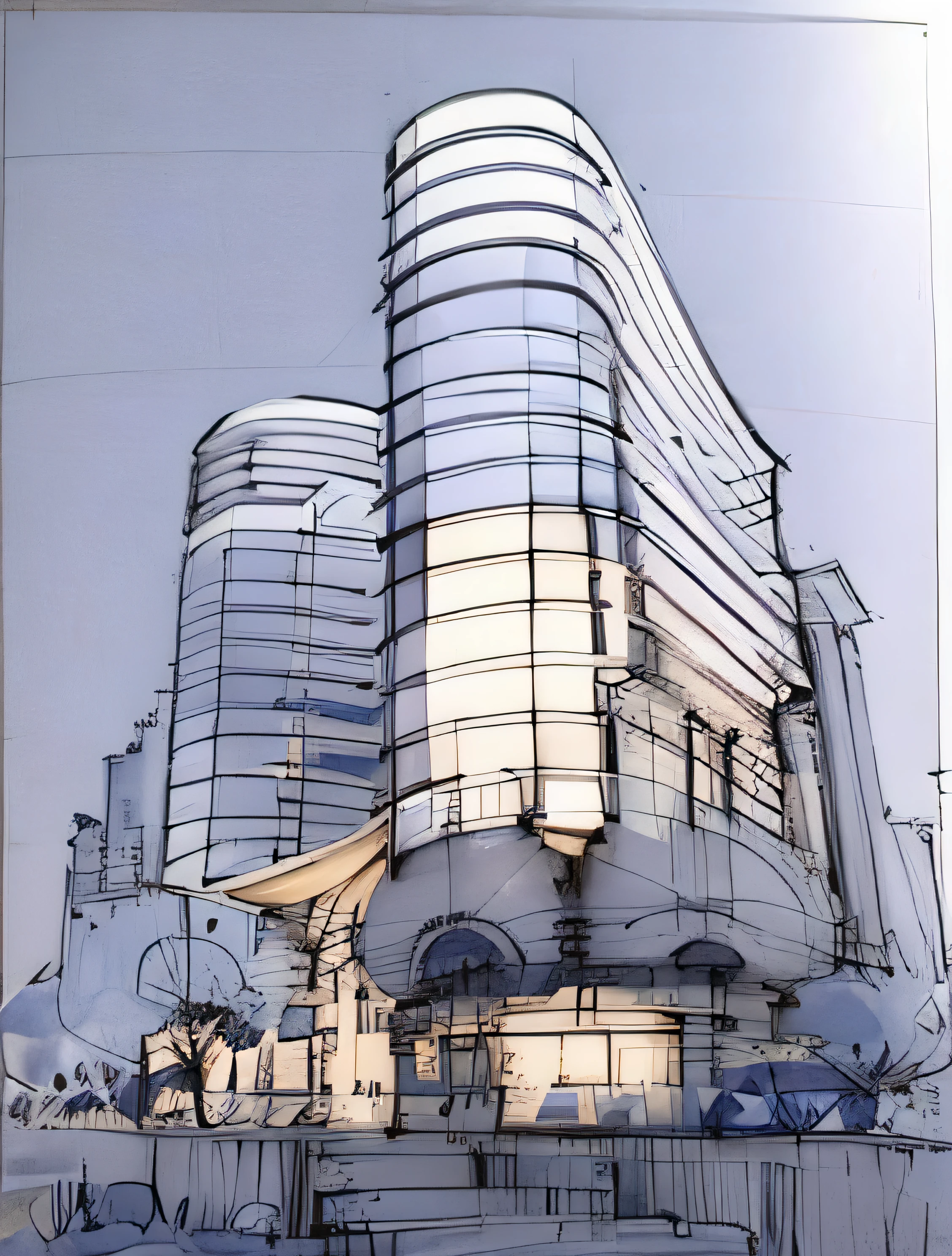A drawing of a building with a lot of windows and a sky background ...