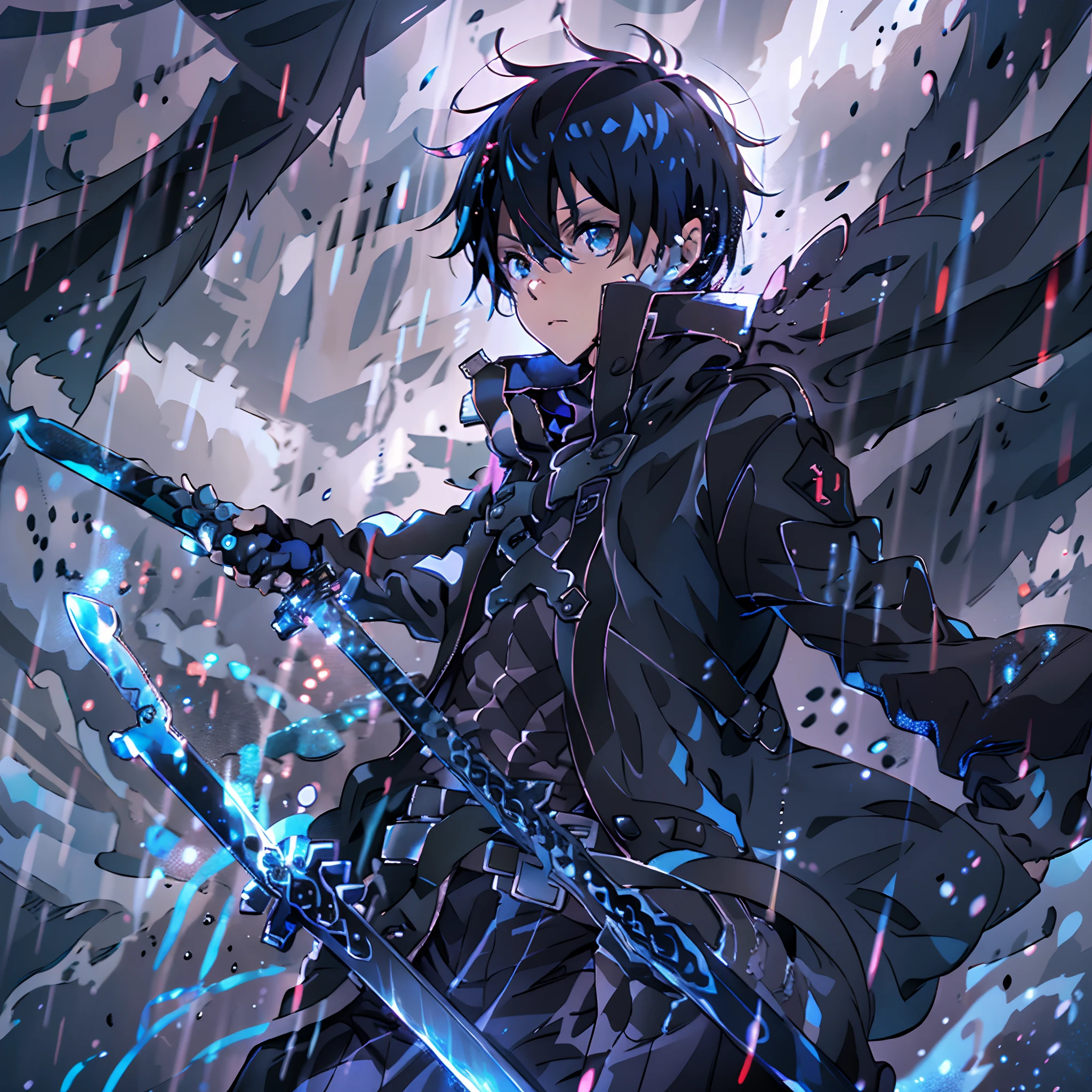 Anime boy with sword in rain（kirito) - SeaArt AI