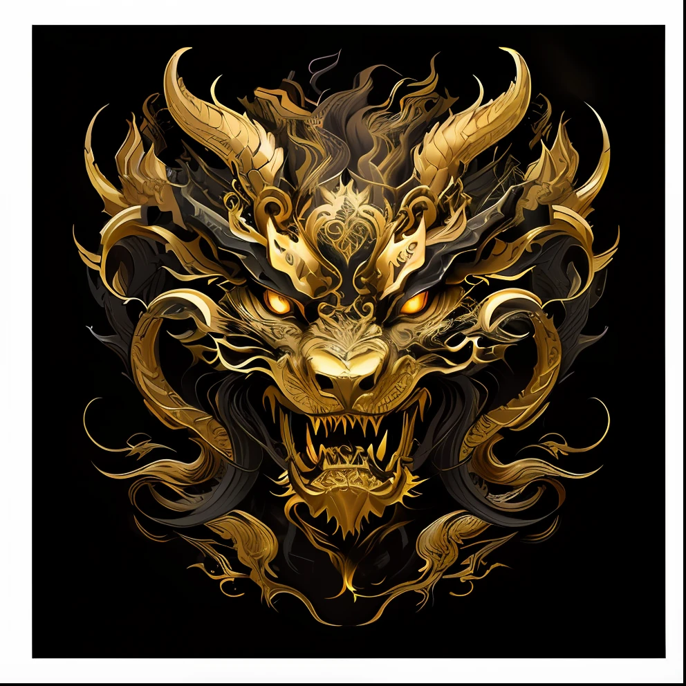 A close up of a golden dragon head on a black background - SeaArt AI