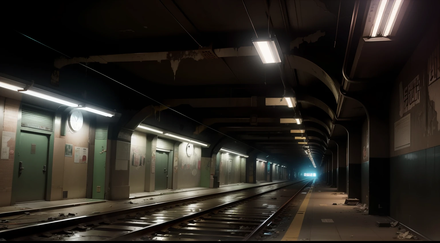 There is a train coming into the station at night - SeaArt AI