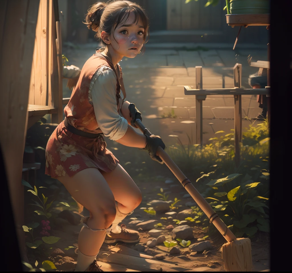 There is a woman with a shovel in a garden - SeaArt AI