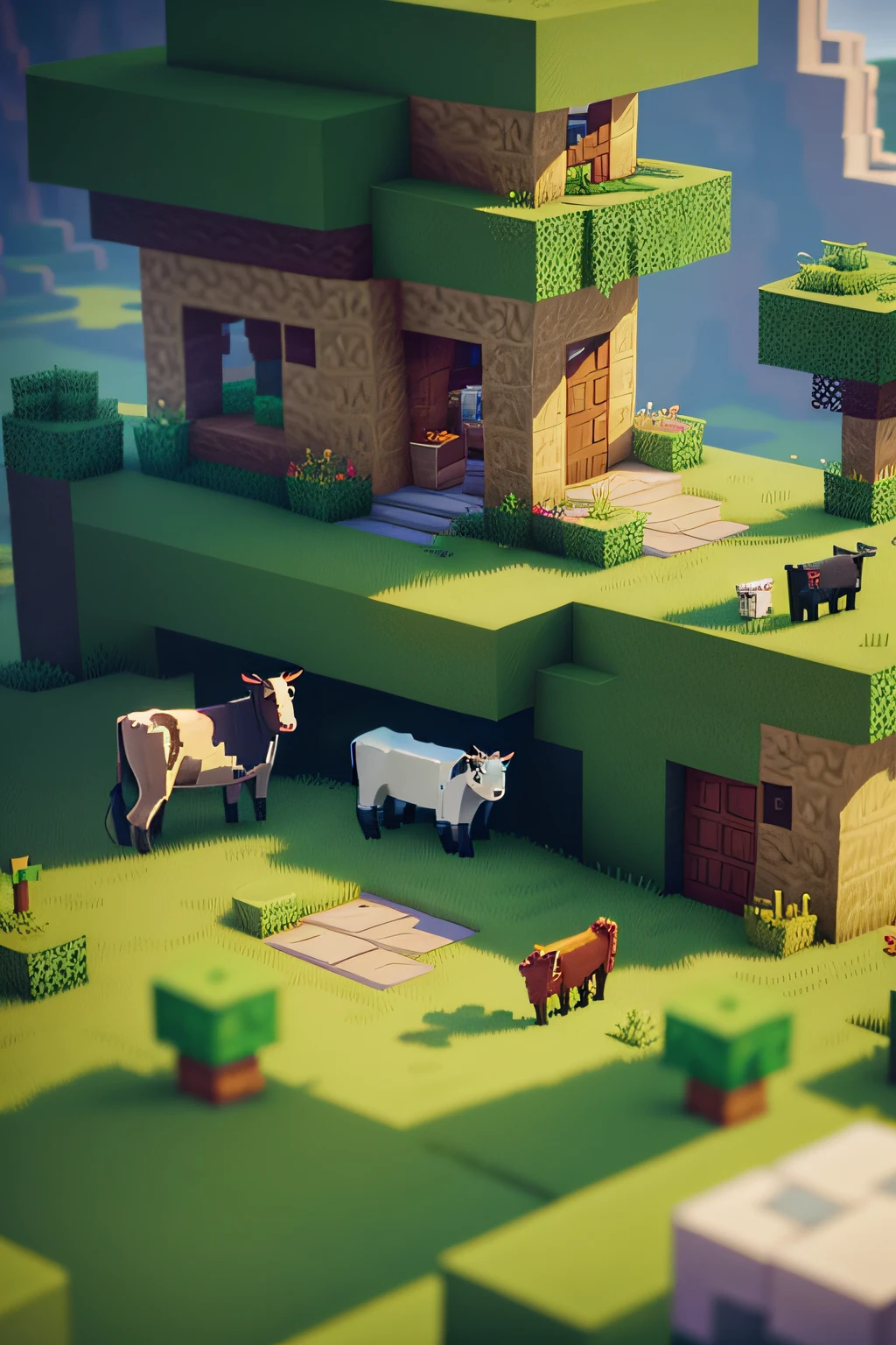 There are cows and cows standing in front of a building - SeaArt AI