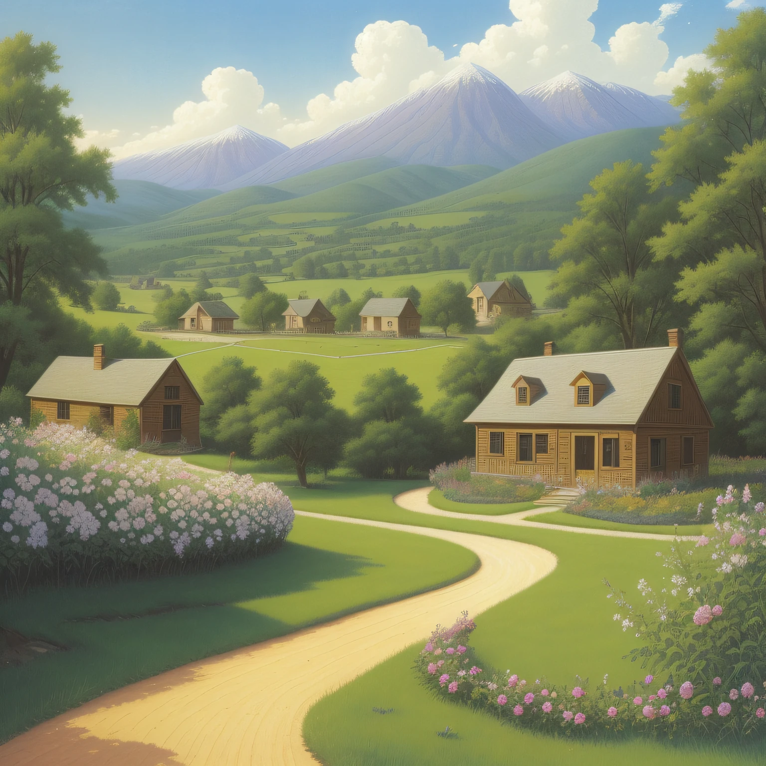 Painting of a country scene with a path leading to a cabin - SeaArt AI
