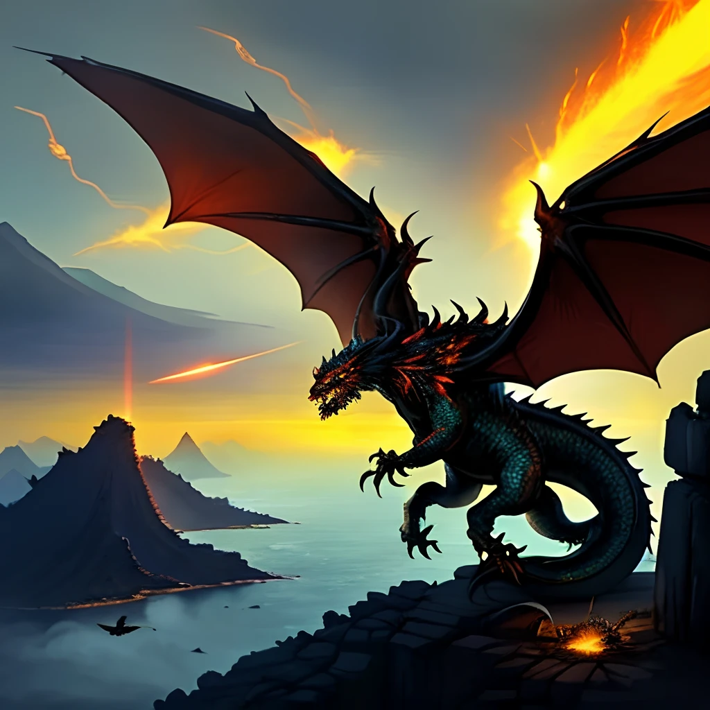 Dragon with fire and flames flying over a mountain top - SeaArt AI
