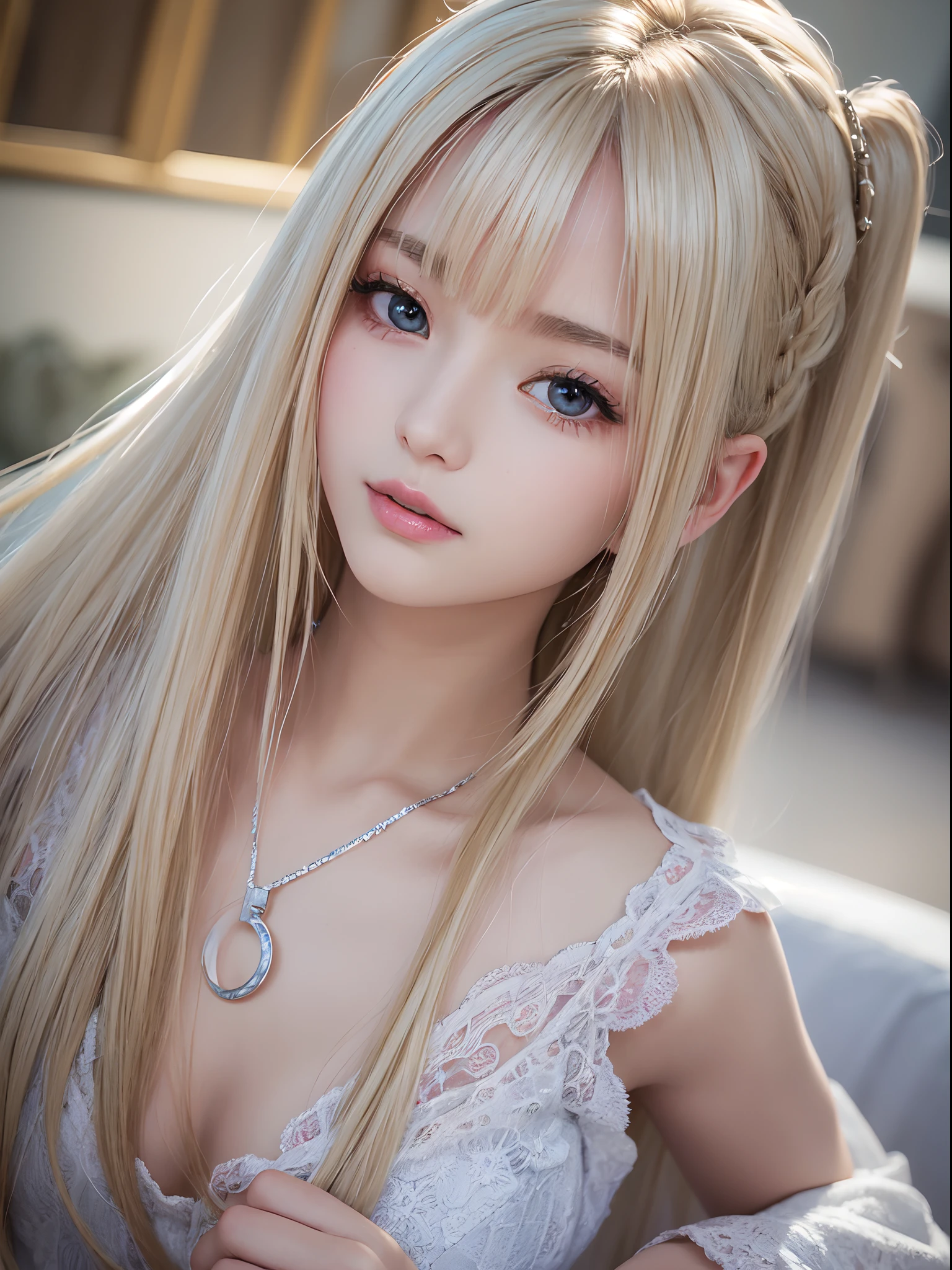 A close up of a woman with long blonde hair wearing a white dress - SeaArt AI