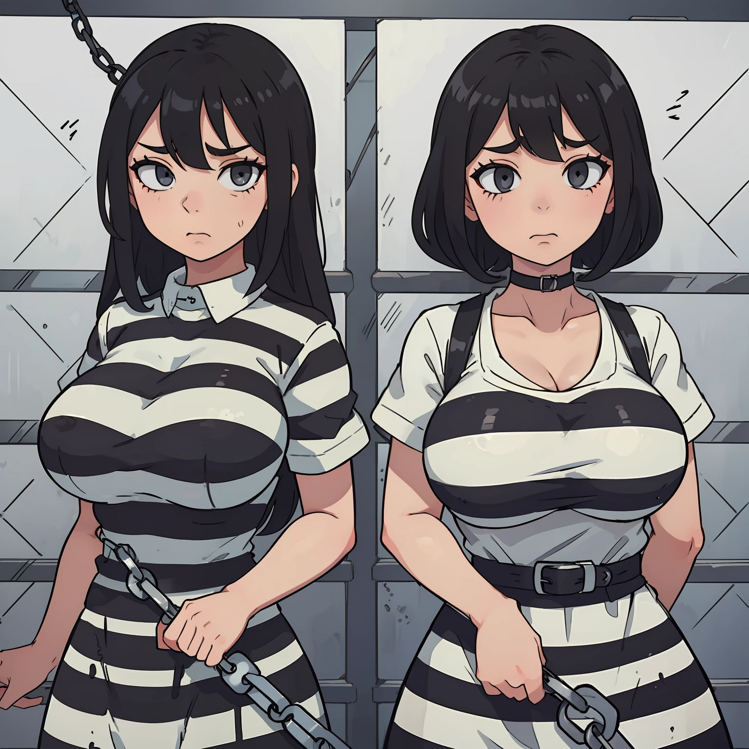 Two women in striped dresses are holding chains in front of a jail cell ...