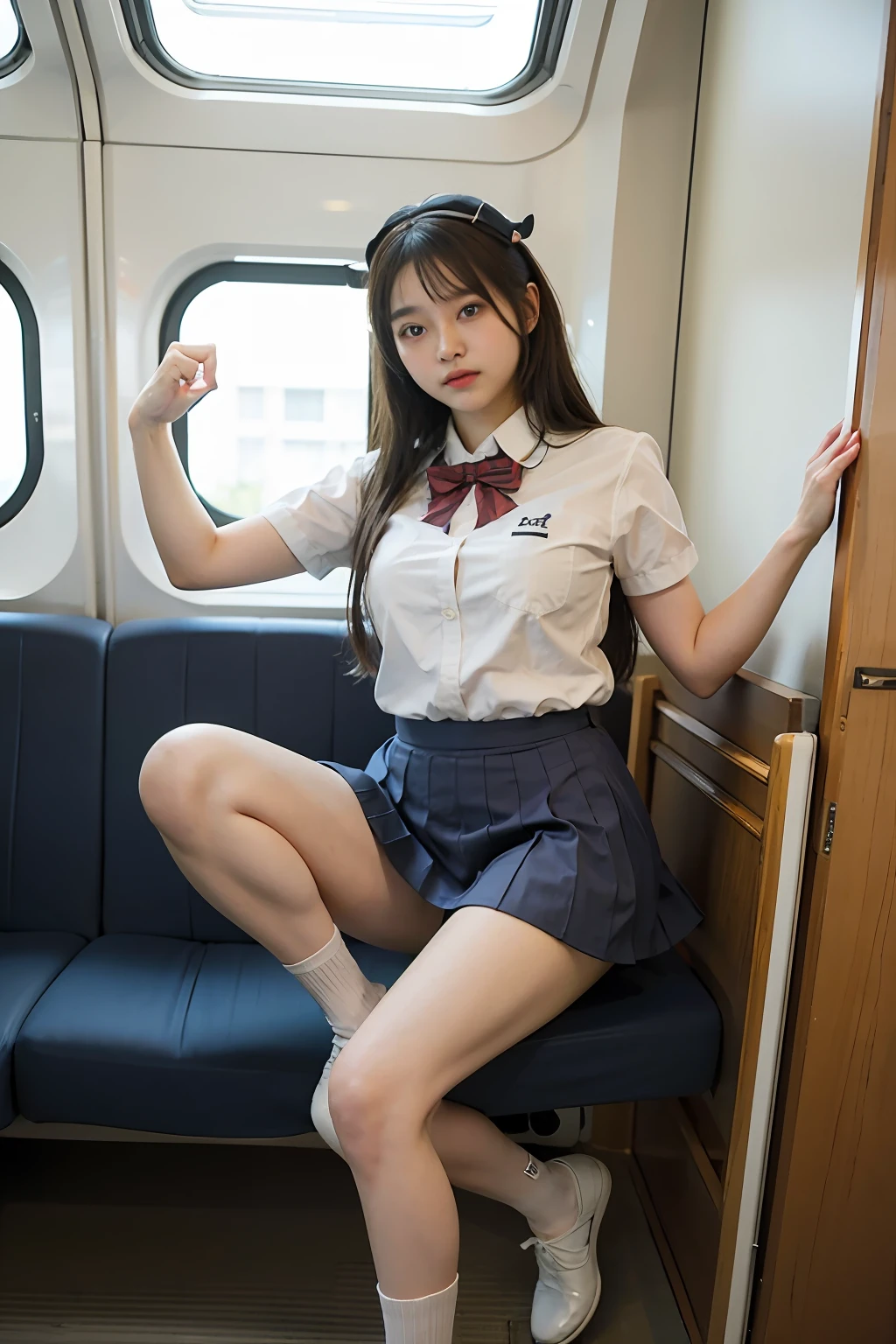 Arafed asian woman in a short skirt and white shirt sitting on a blue couch - SeaArt AI