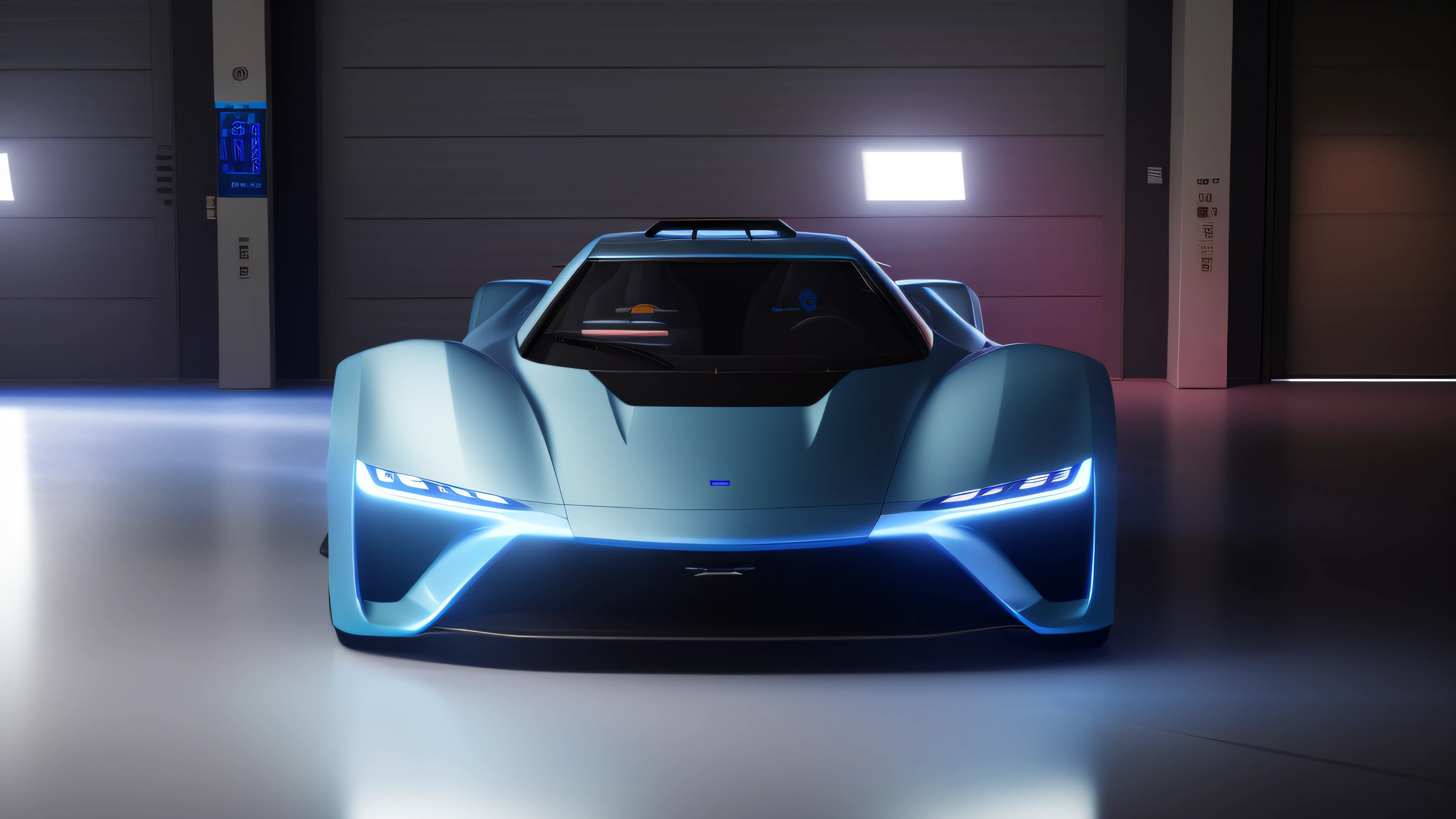 A blue car with a light on in a garage - SeaArt AI