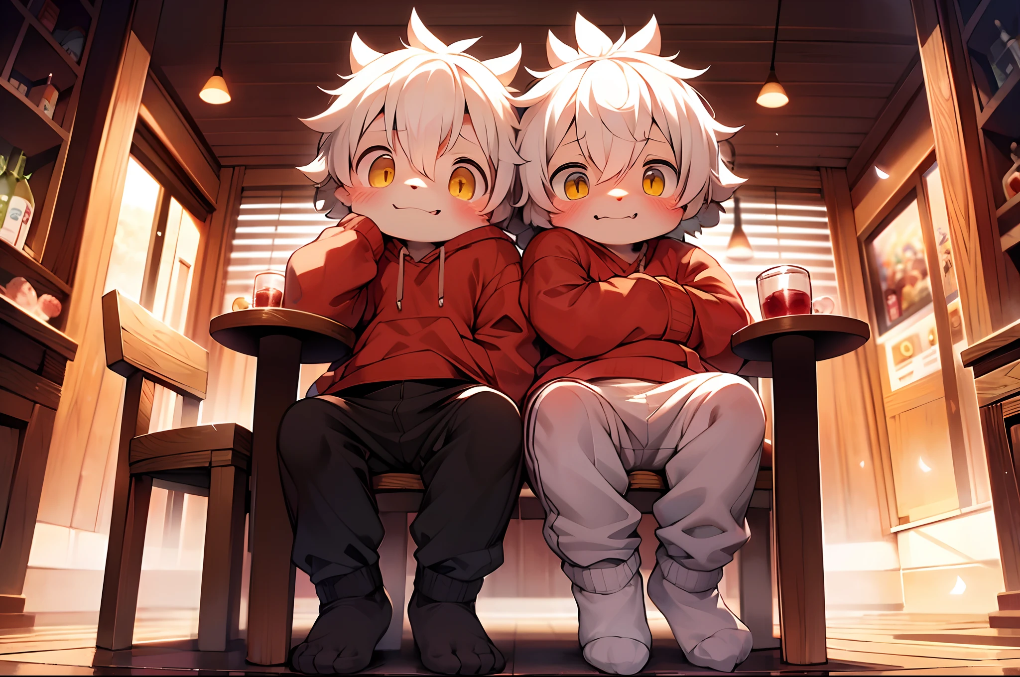 Anime couple sitting on a bench in a room with a table - SeaArt AI