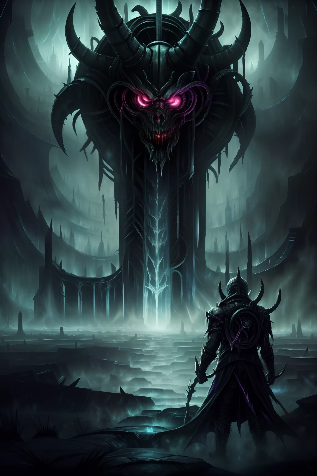 A demonic demon stands in front of a castle with a giant demon head ...