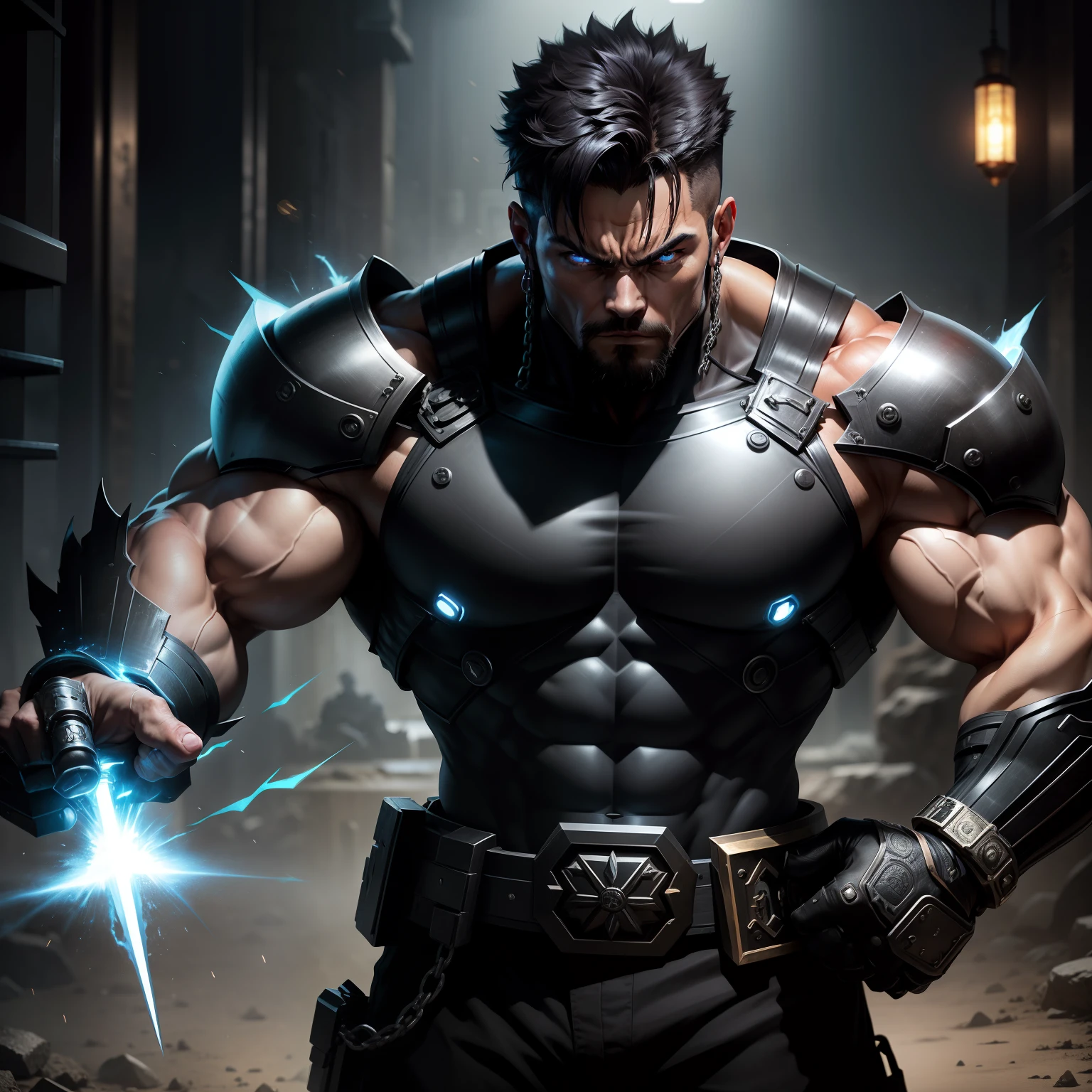 A man in armor holding a sword and a glowing light - SeaArt AI